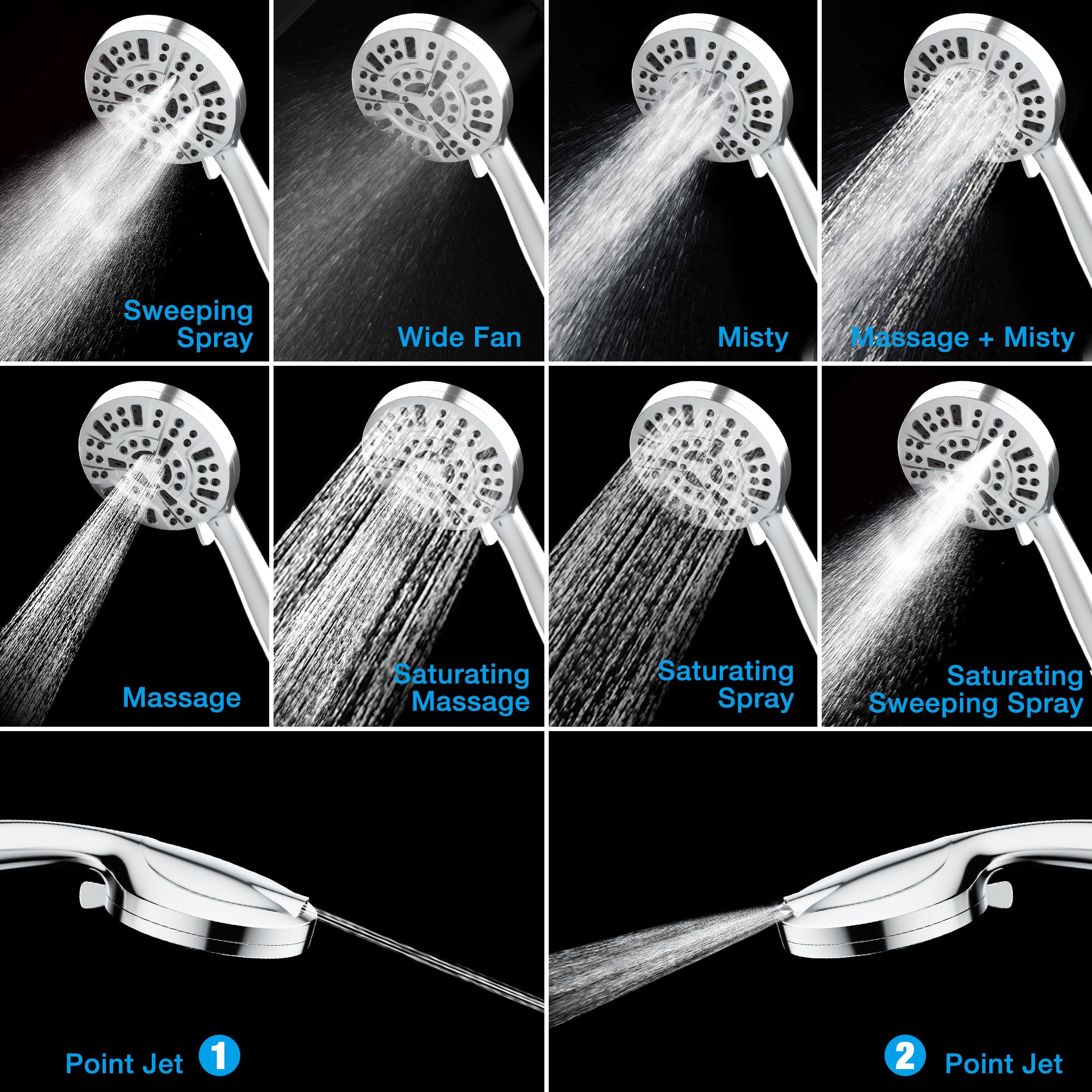 8 Massage Setting & 2 Jet Modes High Pressure Shower Heads, 5.04" Large Size Handheld Shower Head 59" Stainless Steel Shower Head with Hose 360° Detachable Shower Head Aqua Care Shower Head