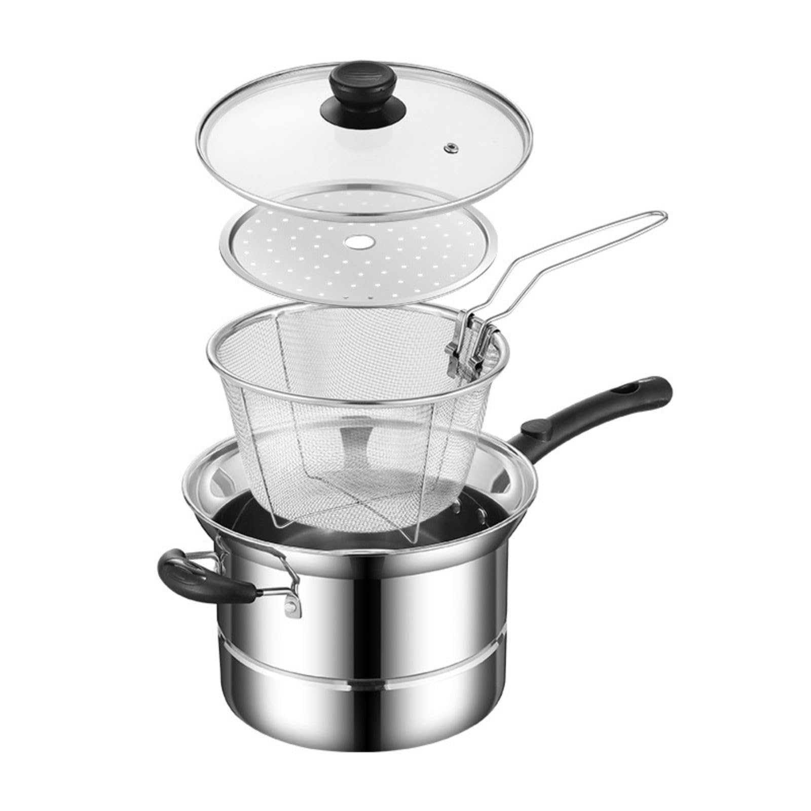 Stainless Steel Pot with Deep Fry Basket, Steamer Pot, Multipurpose Pasta Pot with Steamer Rack, Strainer Glass Lid, 3.5Quart Sauce Pan with Stay-cool Handle for Cooking Gravies, Vegetable Steamer