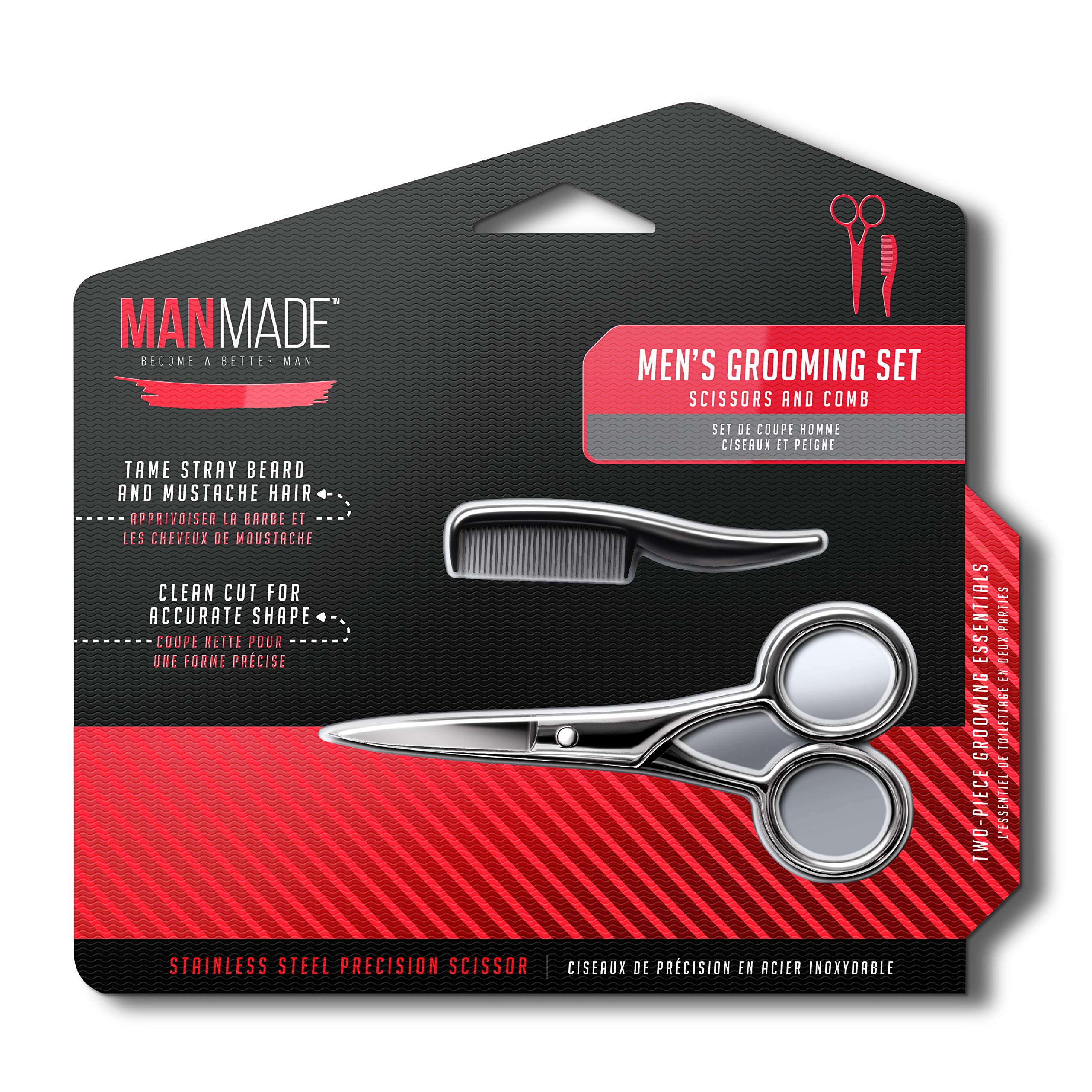 ManMade: Men's Grooming Set Mustache and Beard Scissors + Free Comb, Two-Piece Grooming Essentials, Stainless Steel Facial Hair Scissors for Men (Red)