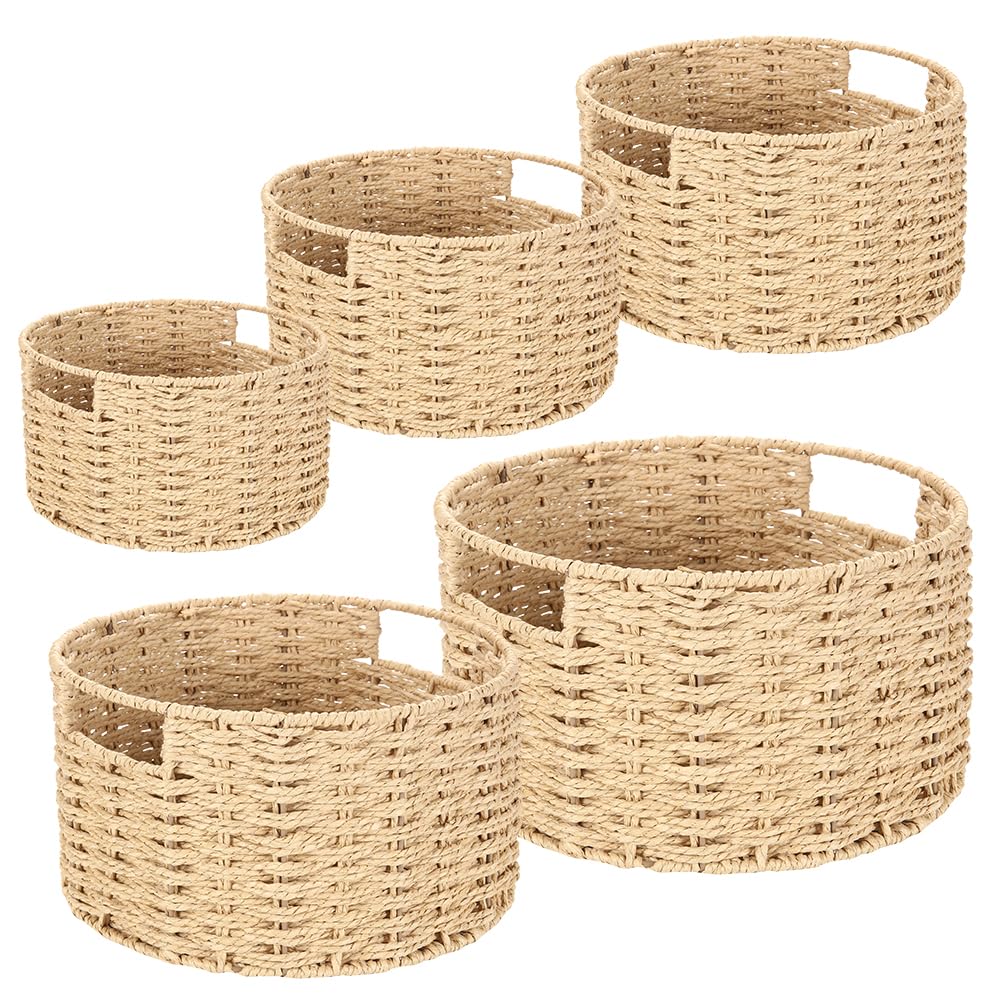 Airsnigi Round Wicker Storage Basket, Paper Rope Large Woven Basket Hand-Woven With Handles, Wicker Baskets for Organizing/Storage, 5 Pack