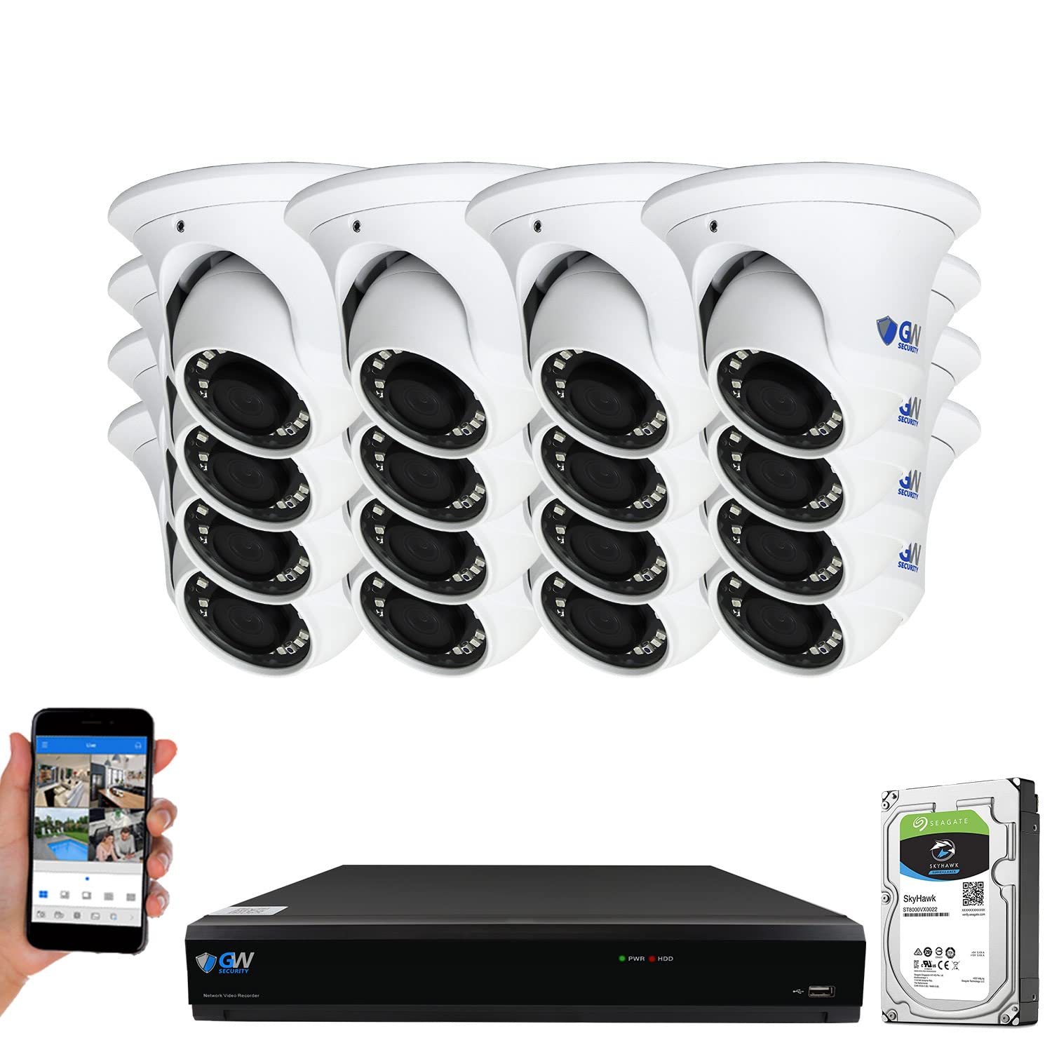 GW Security Cameras System 16CH (3840x2160) HD-TVI 4K CCTV DVR Recorder 4TB HDD with 16 Weatherproof 3840TVL 8.0MP 100ft Night Vision UltraHD 4K Dome Surveillance Cameras, Email Alert with Snapshot