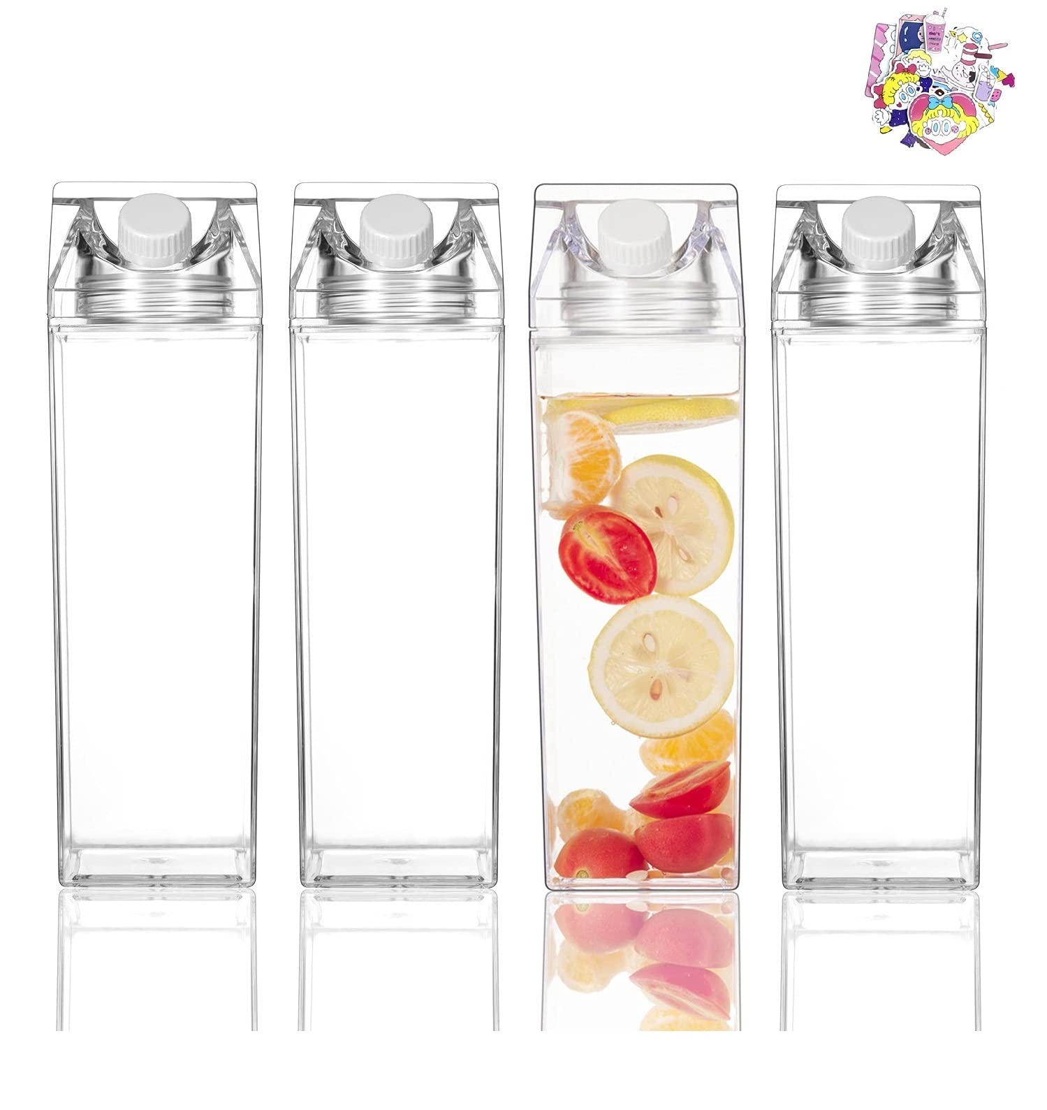 4 Pack Clear Milk Carton Water Bottles Creative Square Plastic Transparent Cup (4 Pack - Clear)