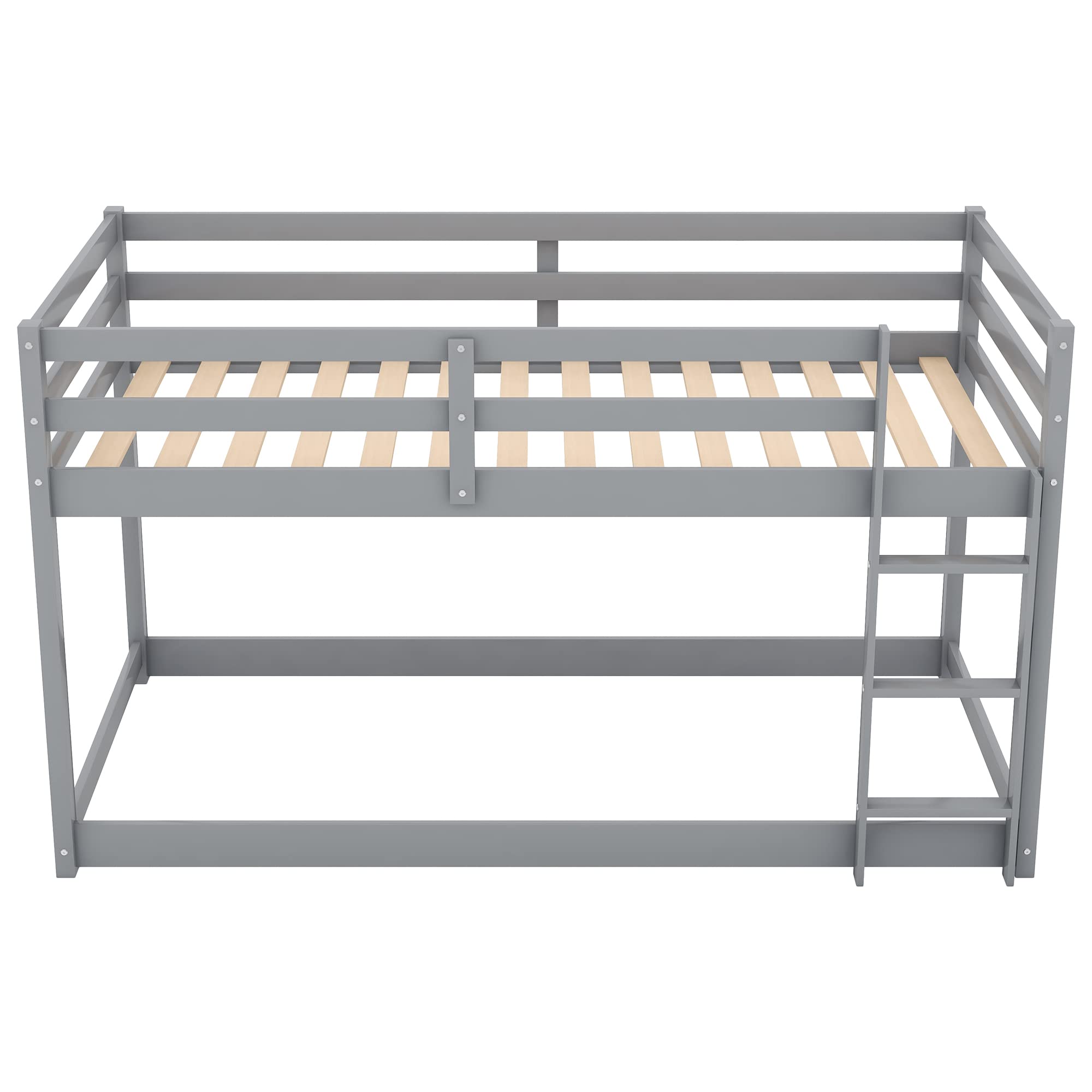 Harper & Bright Designs Low Bunk Bed Twin Over Twin, Wood Twin Kids Bunk Bed with Ladder, Floor Bunk Bed Frame for Boys, Girls, No Box Spring Needed, Easy Assembly, Grey