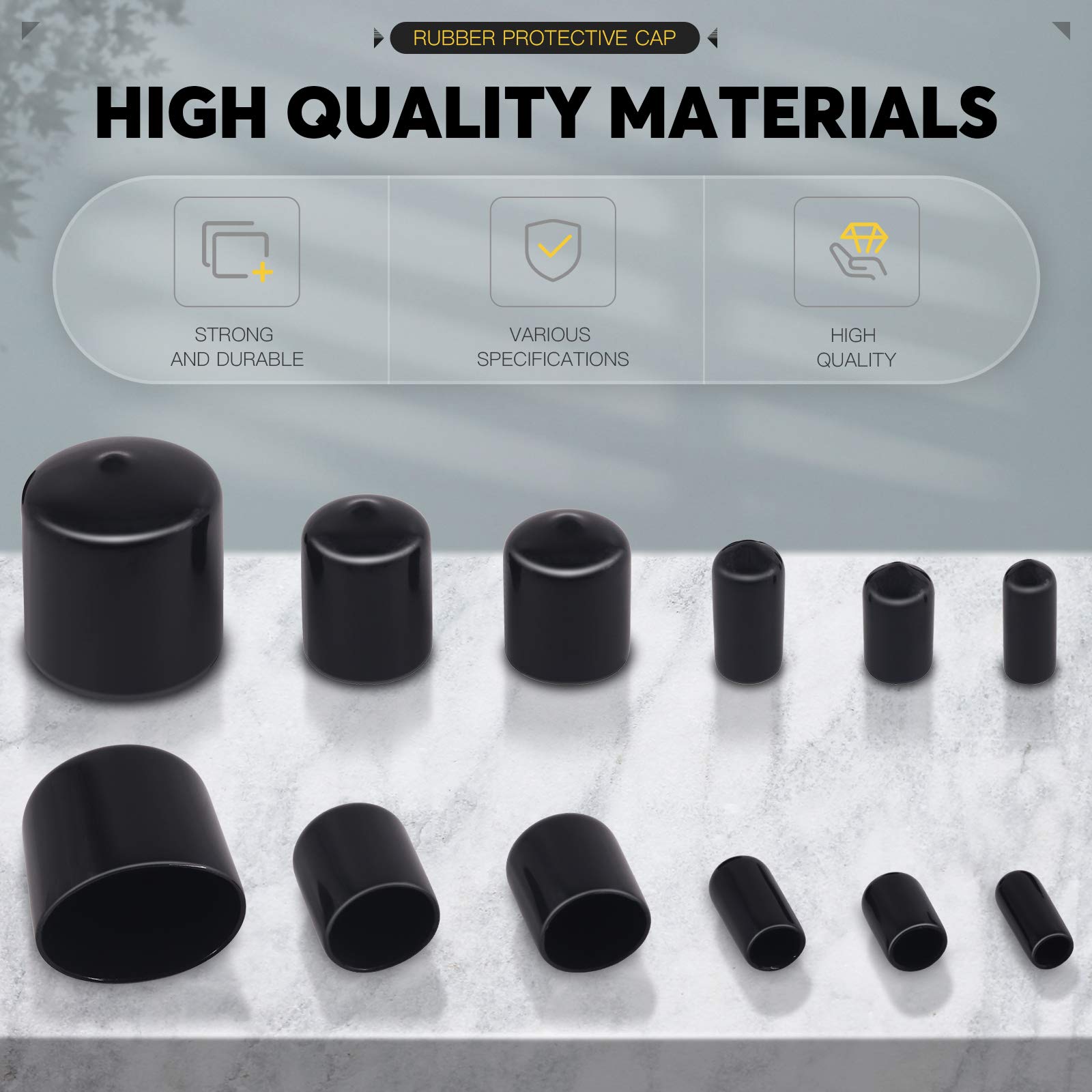 Mardatt 64Pcs 6 Sizes Black Rubber Bolt Screw Thread Protector Cover Vinyl End Caps for Pipe Post Hose Assortment Kit Fit O.D. from 1/4 inch to 1 1/2 inch