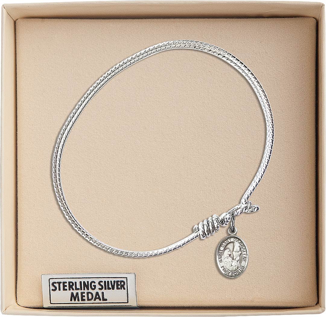 7 1/4 inch Oval Eye Hook Bangle Bracelet w/St. Mary Magdalene in Sterling Silver