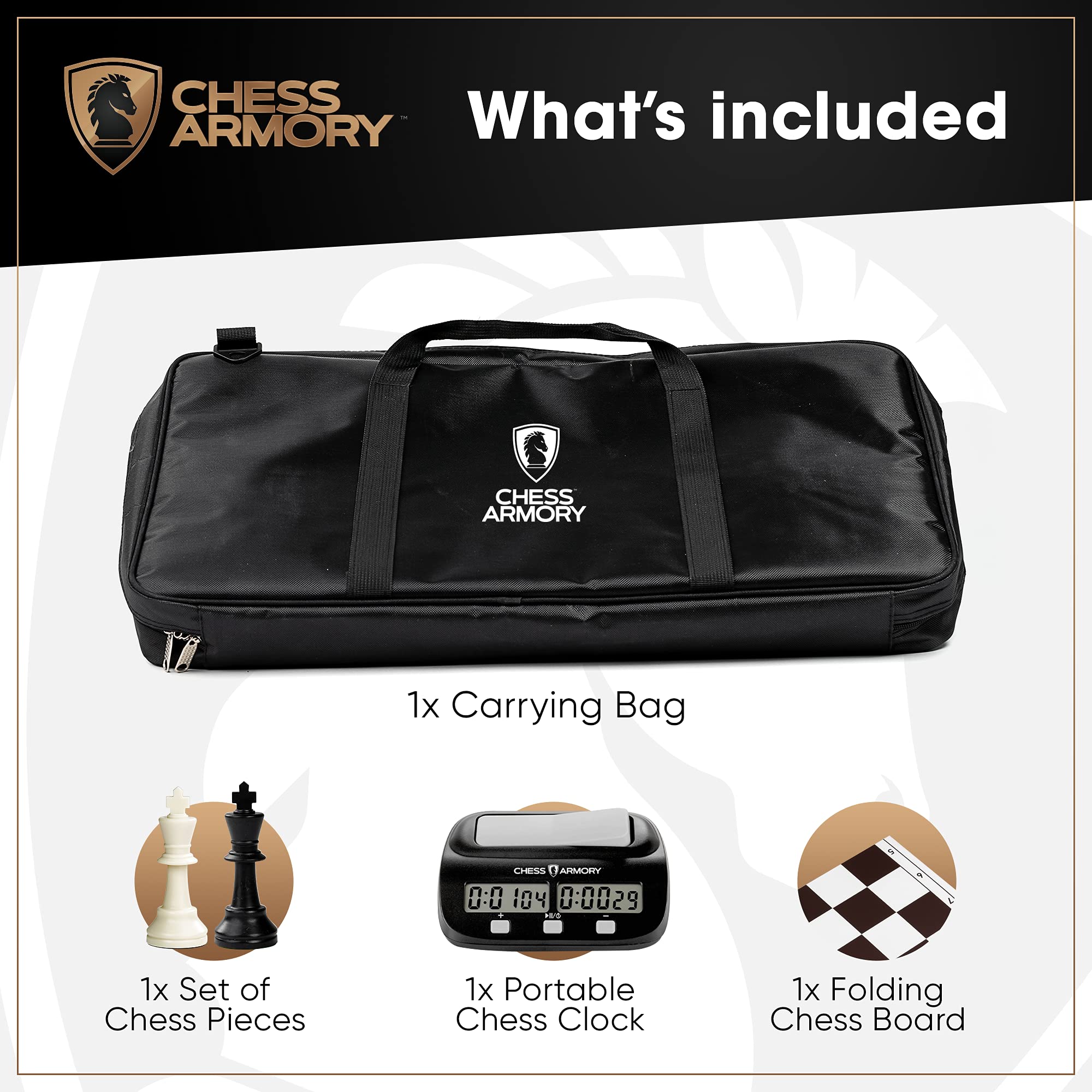 Chess Armory Deluxe Foldable Chess Set w/Chess Board, Chess Clock and Carrying Bag - A Mobile Tournament Chess Set with Clock & Weighted Chess Pieces- Play Anywhere w/Chess Armory Outdoor Chess Set.