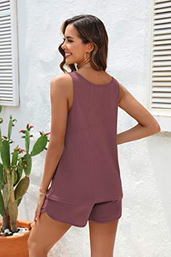 Andeip Waffle Knit Pajama Sets for Women Breathable Lounge Sets Sleeveles Top and Elastic Shorts pj Set Red L