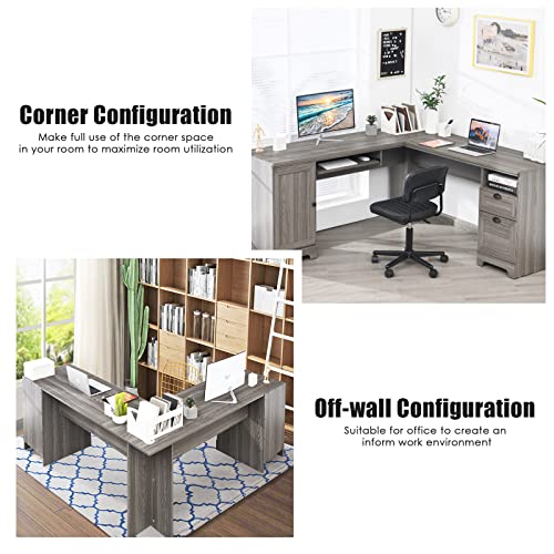 Tangkula 66" × 66" L-Shaped Desk, Corner Computer Desk with Drawers Keyboard Tray and Storage Cabinet, Home Office Desk, Sturdy and Space-Saving Computer Workstation