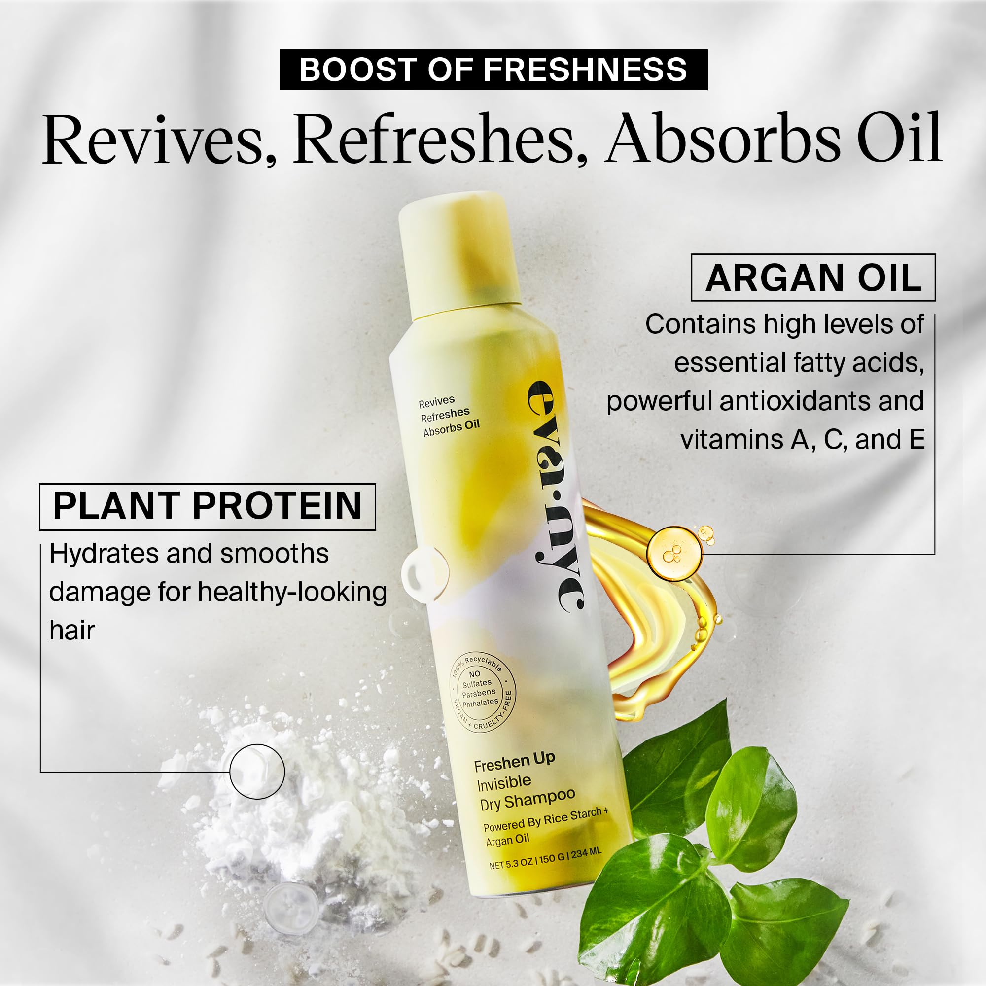Eva NYC Freshen Up Invisible Dry Shampoo with Argan Oil & Rice Starch for All Hair Types, Non-Toxic, GMO-Free Cleansing Formula