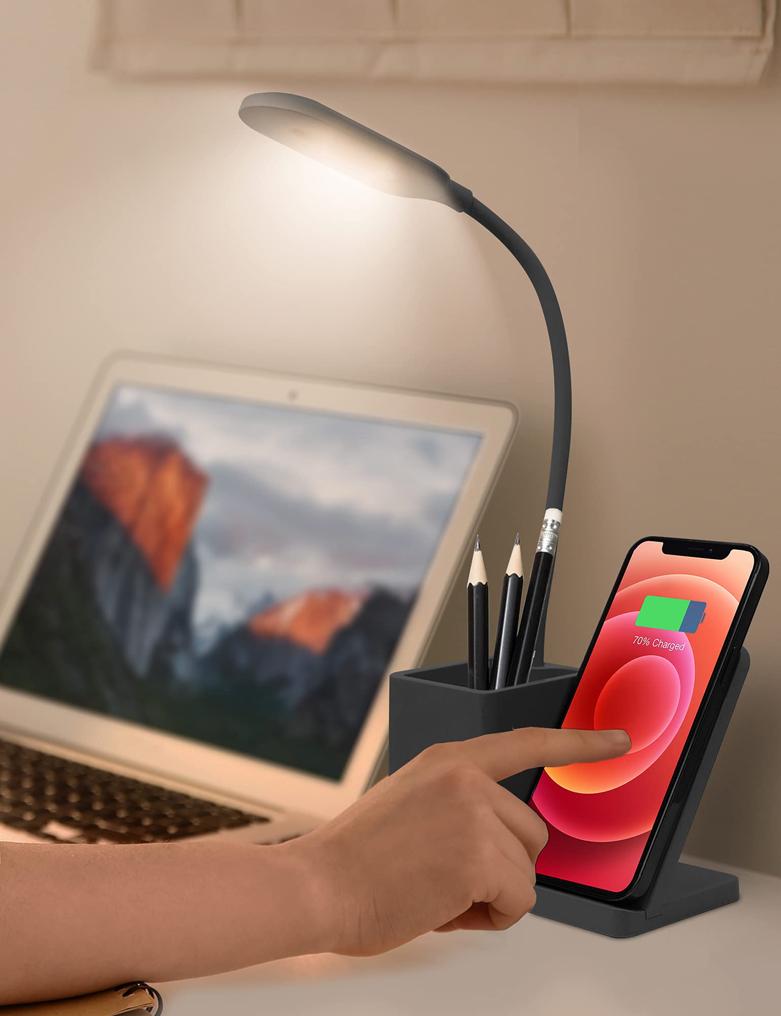 Aduro U-Light LED Desk Lamp Organizer Desk Light with Pen Holder & QI Wireless Charger Stand Black