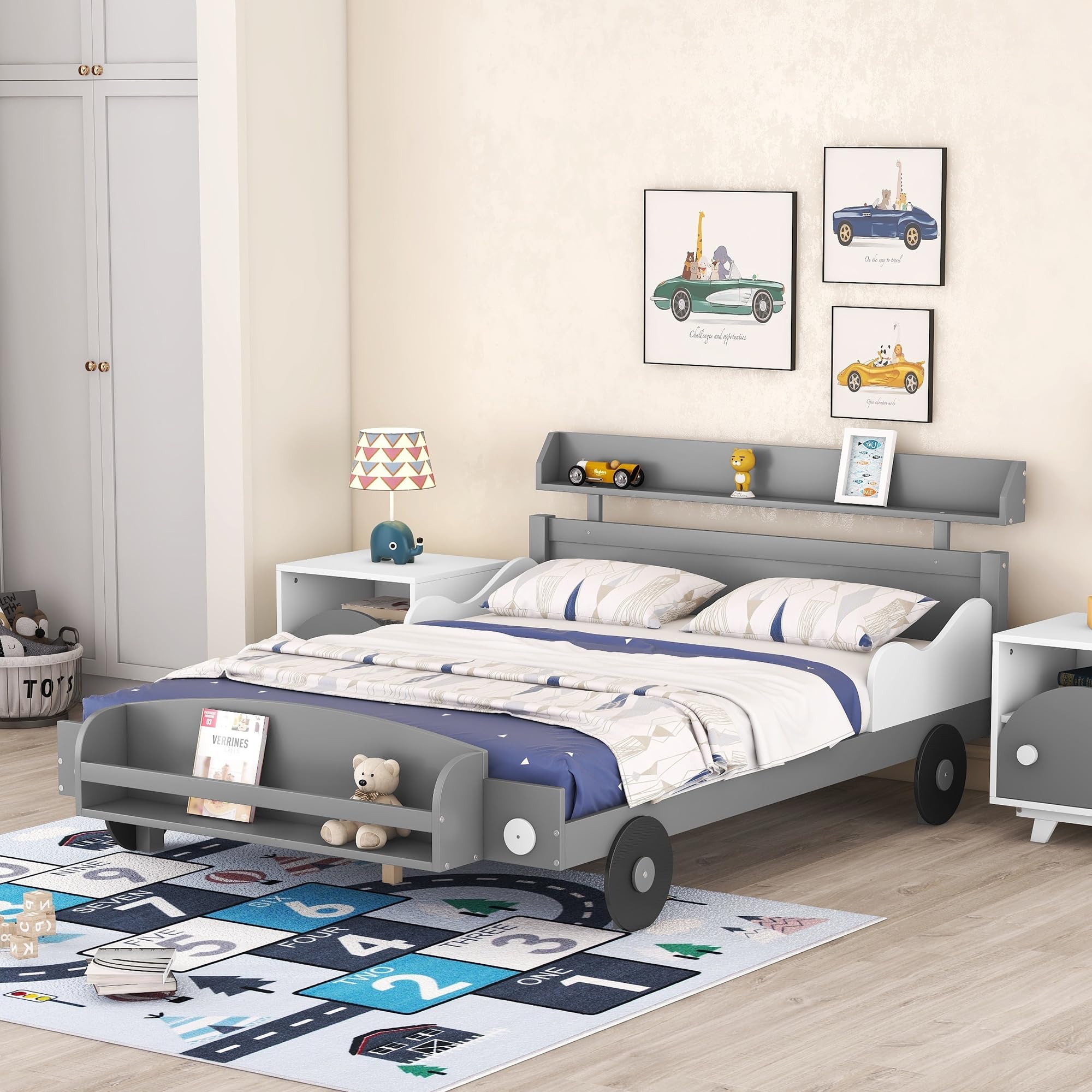 Race Car Bed Full Size, Wooden Low Bed Frame with Storage Headboard and Footboard, Playhouse Bed for Kids, Boys Girls, Gray