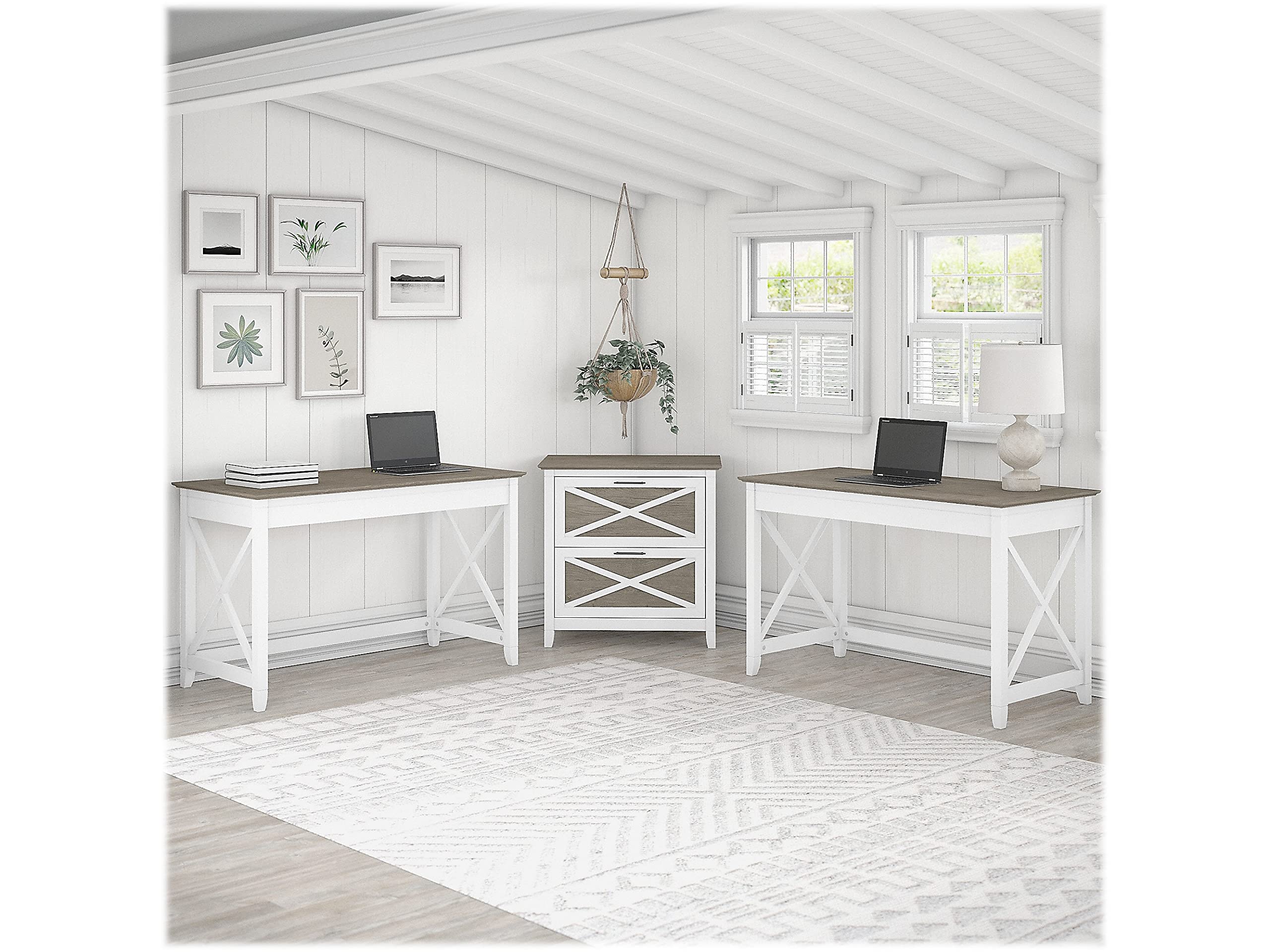 Bush Furniture Key West 2 Person Desk Set with Lateral File Cabinet in Pure White and Shiplap Gray