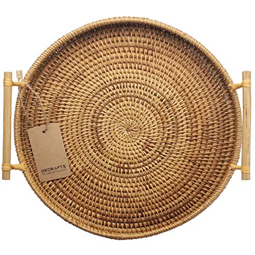 DECRAFTS Rattan Round Serving Tray Wicker Woven Bread Basket with Handles for Cracker Dinner Parties Coffee Table Breakfast (Natural 12.6 inches)
