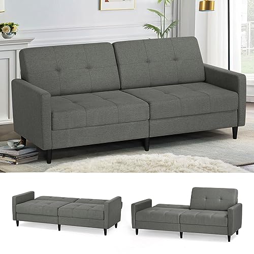 BIVVI 77β Long Linen Fabric Sofa Bed Convertible Loveseat Couch with Adjustable Backrest and Wooden Legs,Sleeper Lounge Couch for Living Room/Dorm/Guest/Home Office/Apartment,Gray