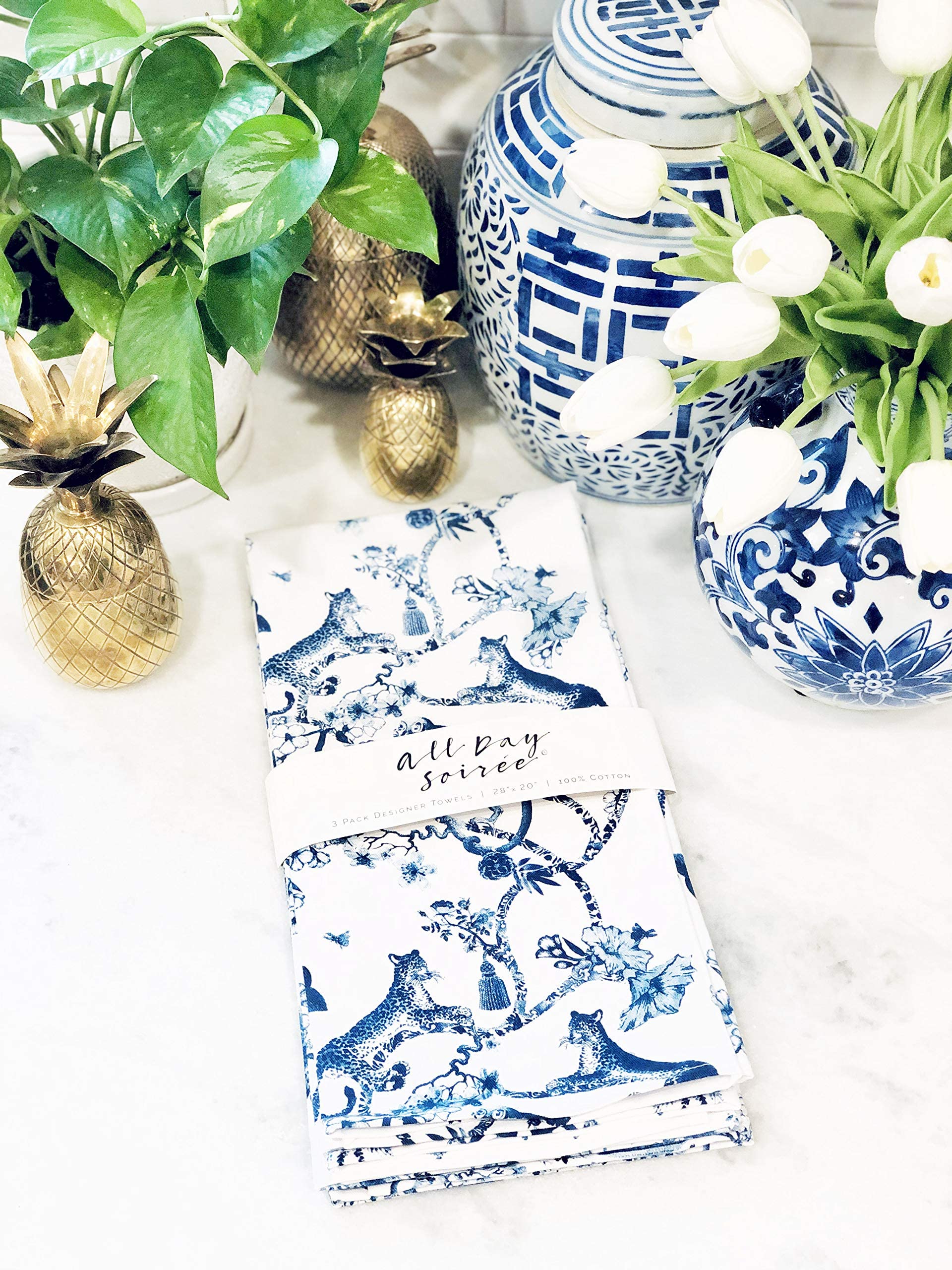 All Day Soirée Chinoiserie Designer Kitchen Tea Towels 3 Pack 100% Absorbent Cotton Tiger Monkey Floral Hand Towel Large Dish Cloth Set Blue White