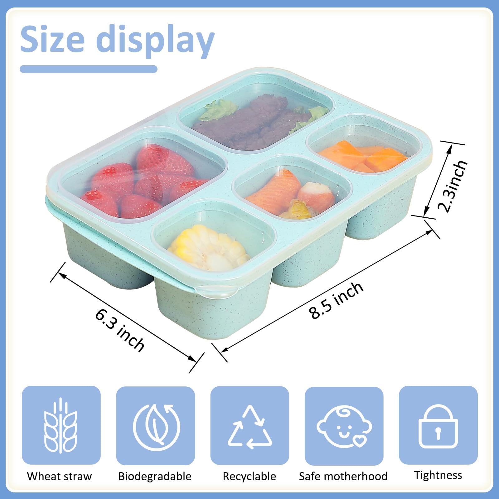 SIPOMU Bento Lunch Box, 5 Compartment Food Container Lunch Box Meal Prep Containers Wheat Straw Lunchbox Containers with Compartments Lids Microwave Safe Storage Boxes, Pack of 4