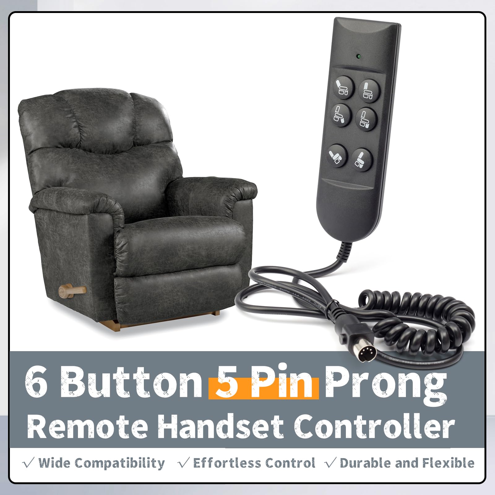 6 Button Power Lift Chair Controller with 5-Pin Plug Extension Cable Replacement for Lazyboy Home Power Recliner Hand Control