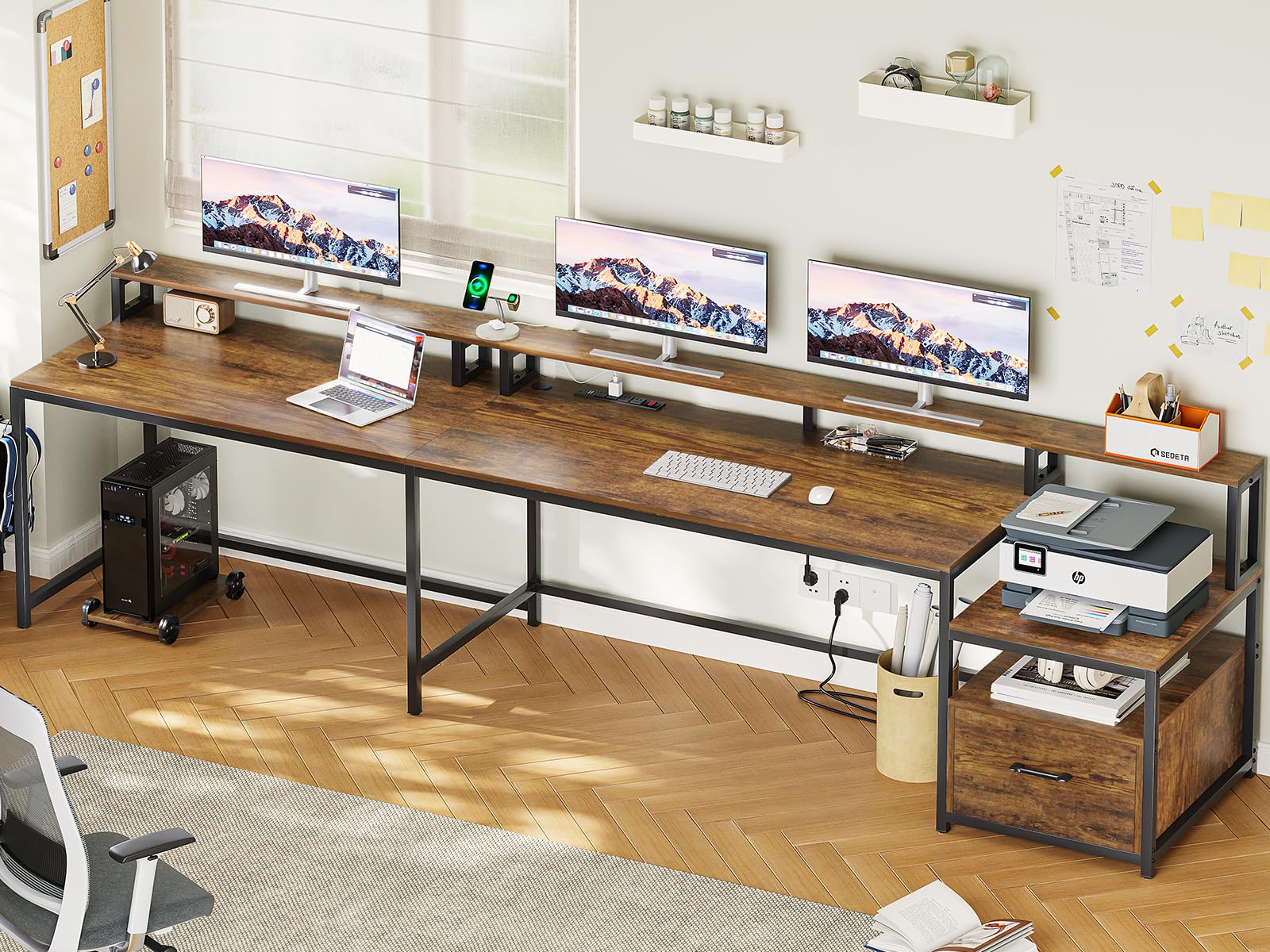 SEDETA L Shaped Desk, 66" Home Office Desk with File Drawer & Power Outlet, Gaming Desk with Led Lights, Corner Computer Desk with Monitor Shelf, Printer Storage Shelves, Two Person Desk, Rustic Brown