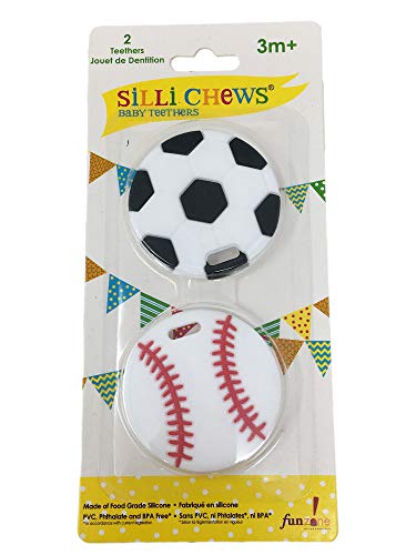Silli Chews Teethers for Babies BPA Free - Silicone Baseball and Soccer Ball Baby Teether Toys 2" Sports Teething Gift Set