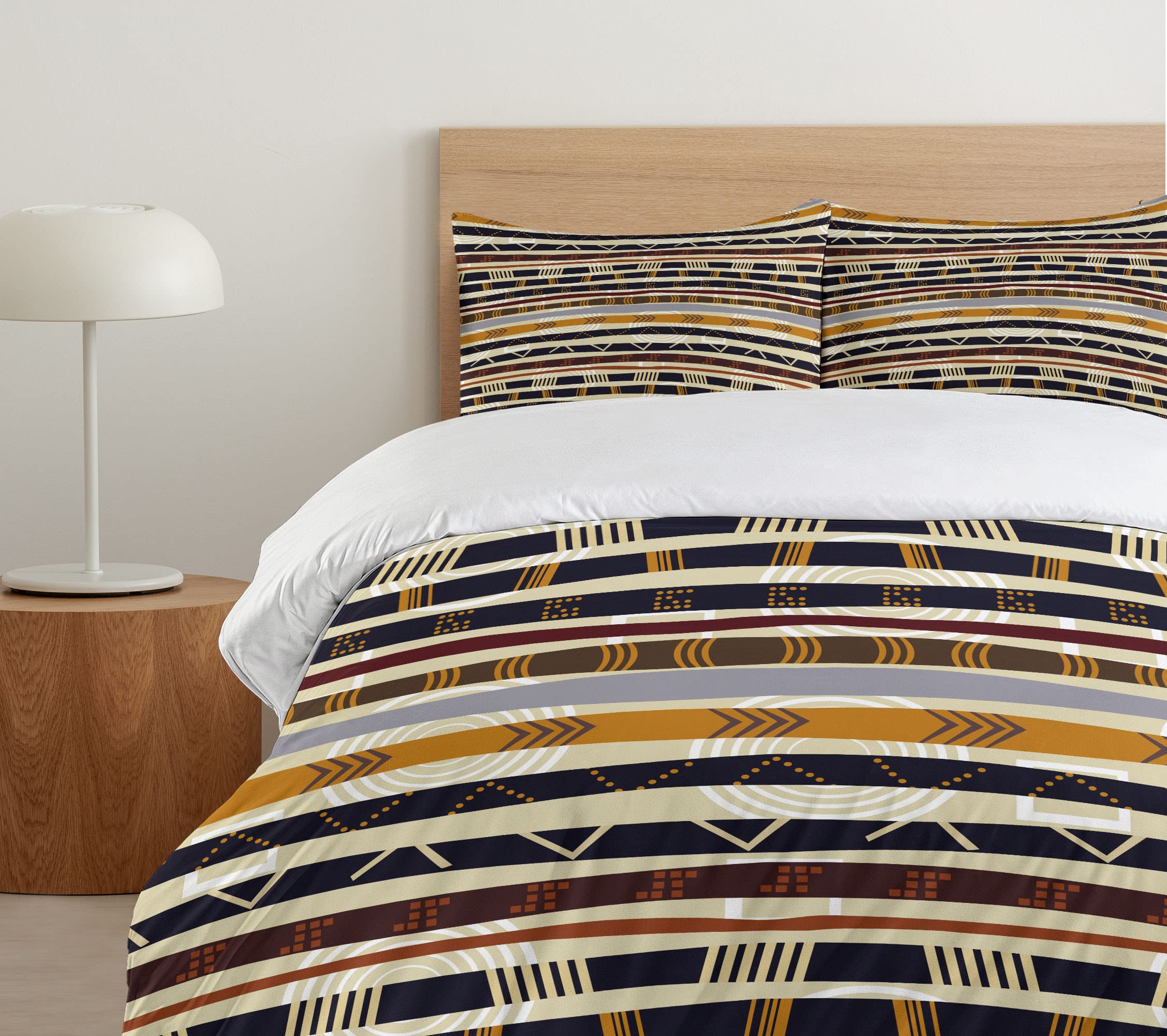 Ambesonne Abstract Duvet Cover Set, Ethnic Style Geometric Forms Striped Pattern on Bold Earth Tones Print, Decorative 3 Piece Bedding Set with 2 Pillow Shams, King Size, Orange Cream