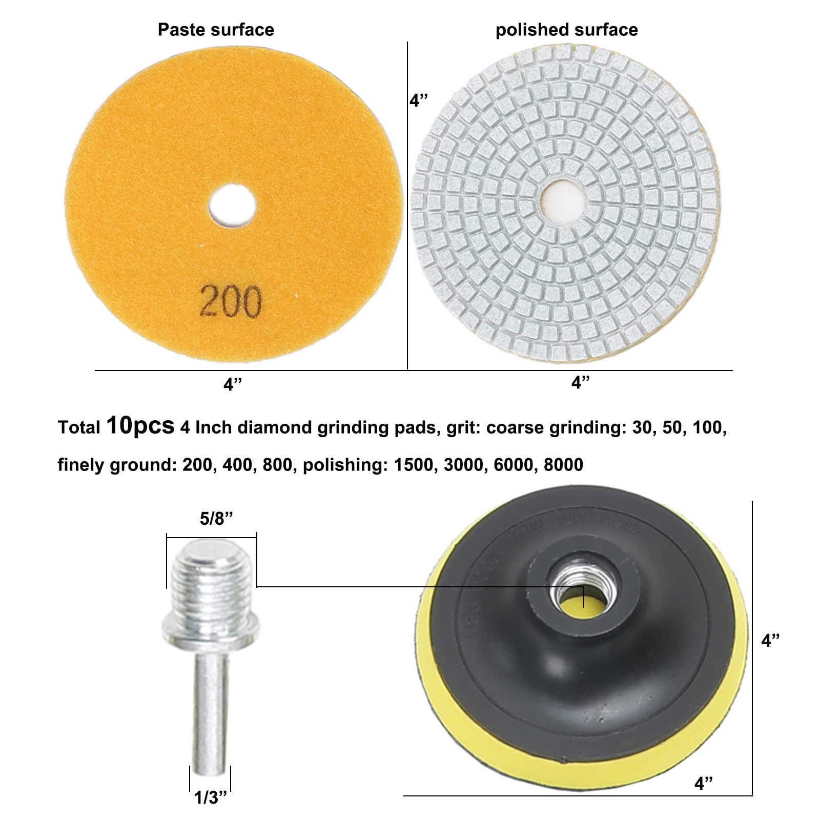 4 Inch Diamond Grinding Pads for Tile, 13pcs Wet/Dry Diamond Sanding Polishing Sheet Granite Stone Polish Kit for Concrete Marble Countertop Quartz 30#~8000# with Backer Pads Thread 5/8"