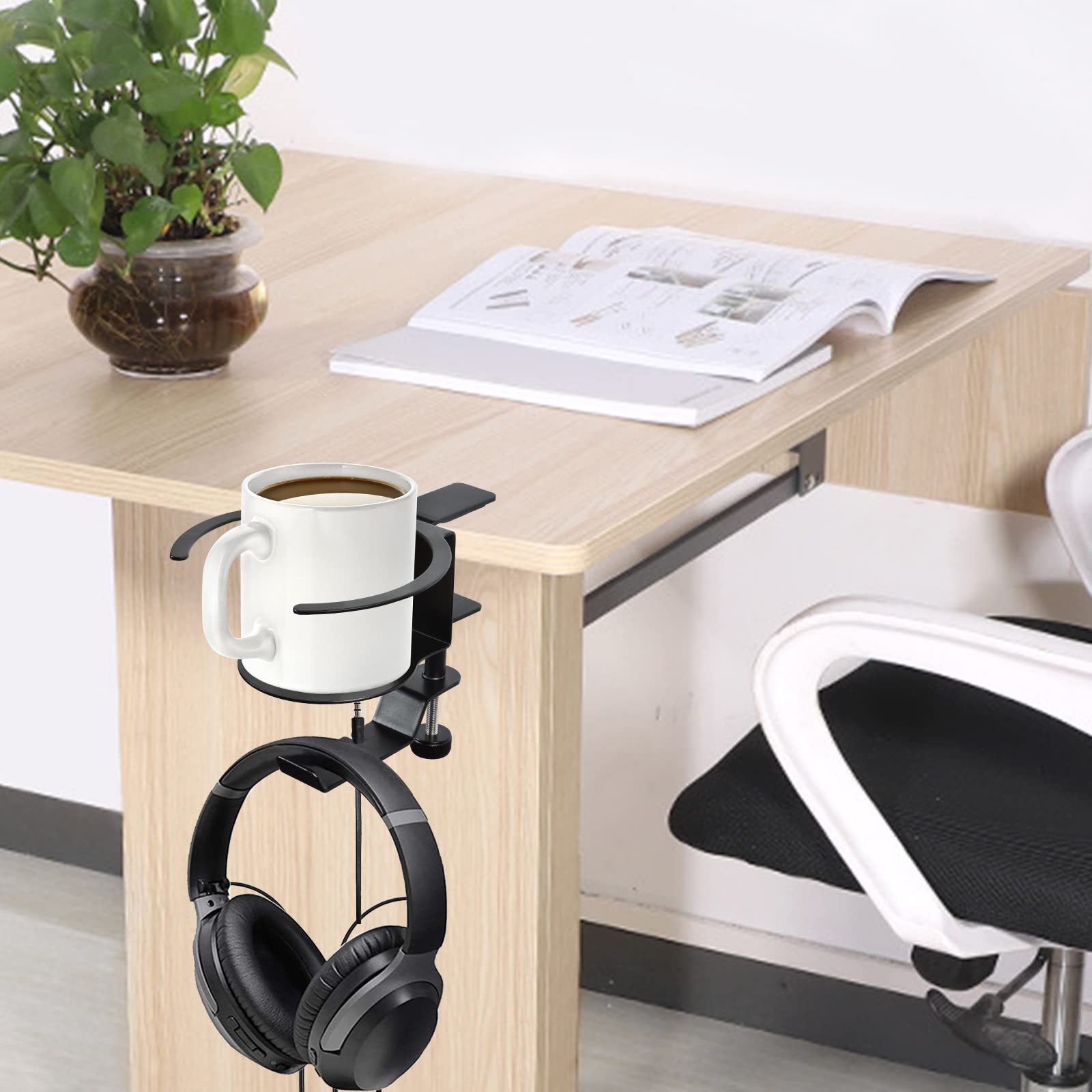 LBTING Desk Cup Holder, 2-in-1 Adjustable & 360° Rotating Office Gaming Desk Accessories for Under Desk Headphone Stand Hanging Headset, Holding Coffee Mug, Drinks, Water Bottle – Black