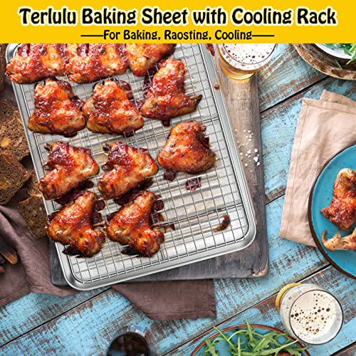 Baking Sheet with Cooling Rack Set(2 Pans+2 Racks) 17'', Terlulu Stainless Steel Baking Pan with Wire Rack, Heavy Duty Half Sheet Pan&Bacon Rack for Oven Cooking, Cookie Sheet, 17.1 x 12.2 x 1.1 Inch