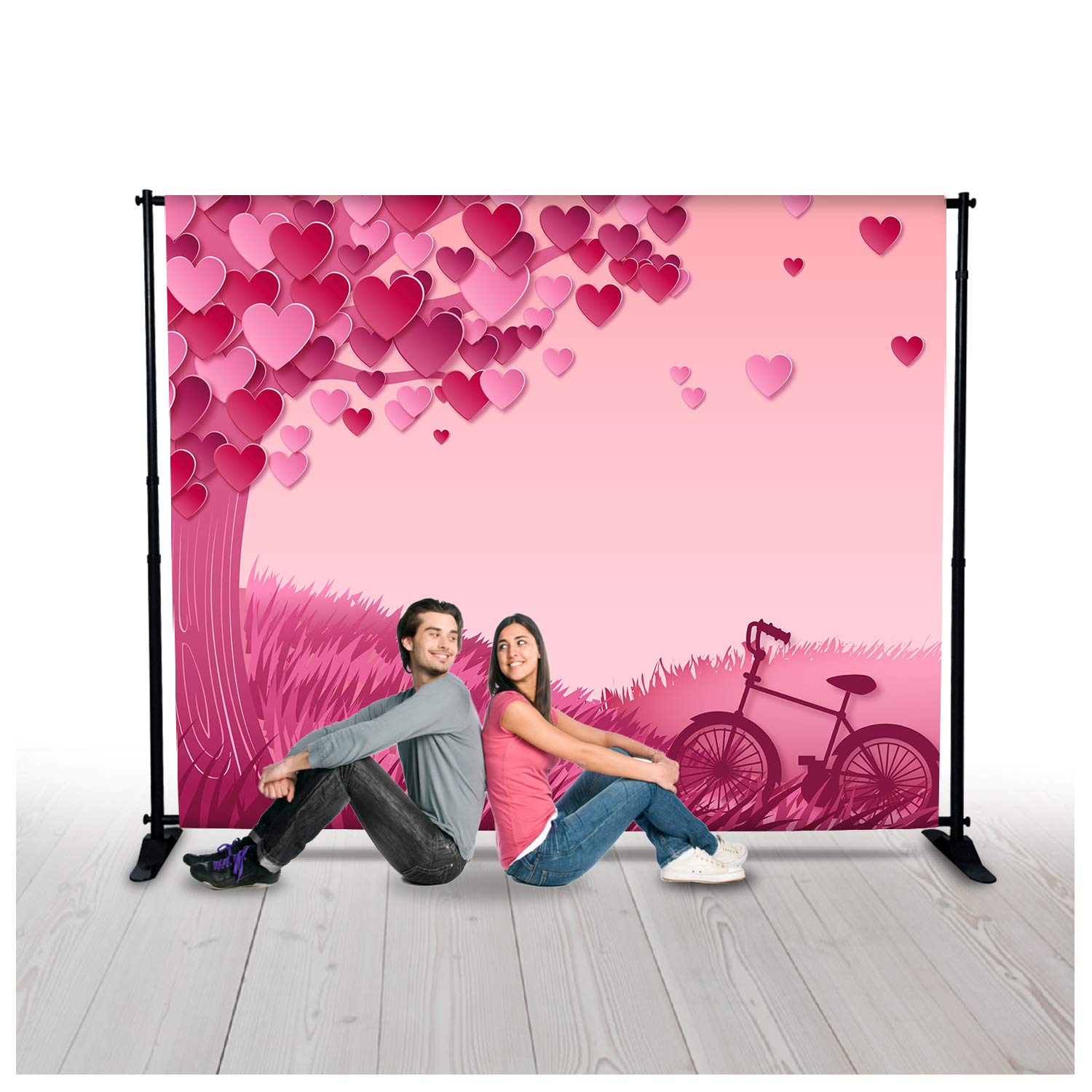 BannerBuzz Valentine’s Day Heart Tree with Bicycle Photo Backdrop Banner 10’ X 8’ with Adjustable Stand Telescopic Poles for Step and Repeat Frame Stand & Photography Booth (Print with Hardware)