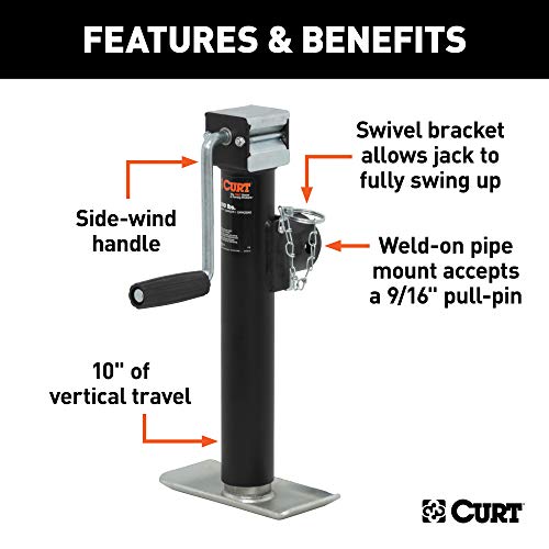 CURT 28321 Weld-On Pipe-Mount Swivel Trailer Jack, 2,000 lbs. 10 Inches Vertical Travel, black