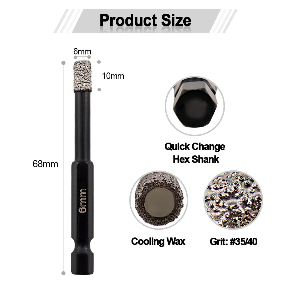 SHDIATOOL Dry Diamond Drill Bits 1/4" for Porcelain Tiles Ceramic Porcelain Marble Granite Dia 6mm 2pcs