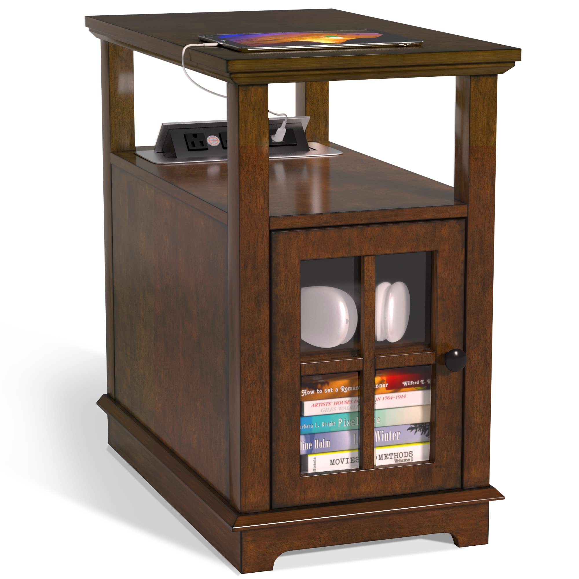 HIFYOBRO End Table with Hidden Charging Station, Narrow Side Table with Storage, Nightstand for Small Spaces with USB Ports & Power Outlets Bedside Table-Cherry