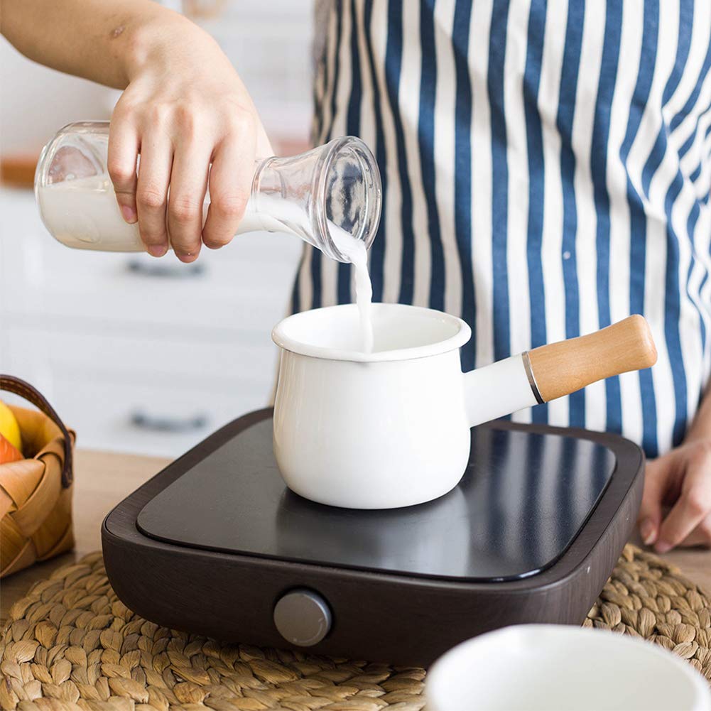 Enamel Milk Pan, Mini Butter Warmer with Pour Spout, 550ml Enamelware Saucepan Milk Warmer with Wooden Handle Small Cookware for Heating Milk, Melting Butter, Boiling Water(White)