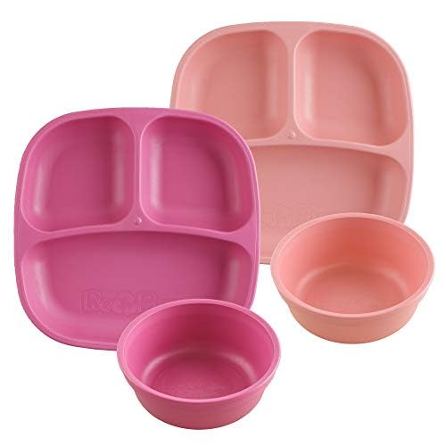 Re-Play Made in USA 4pk Starter Dining Set of 2 Divided Plates with 2 Matching Bowls in Bright Pink and Blush - Made from Environmentally Friendly Heavyweight Recycled Milk Jugs