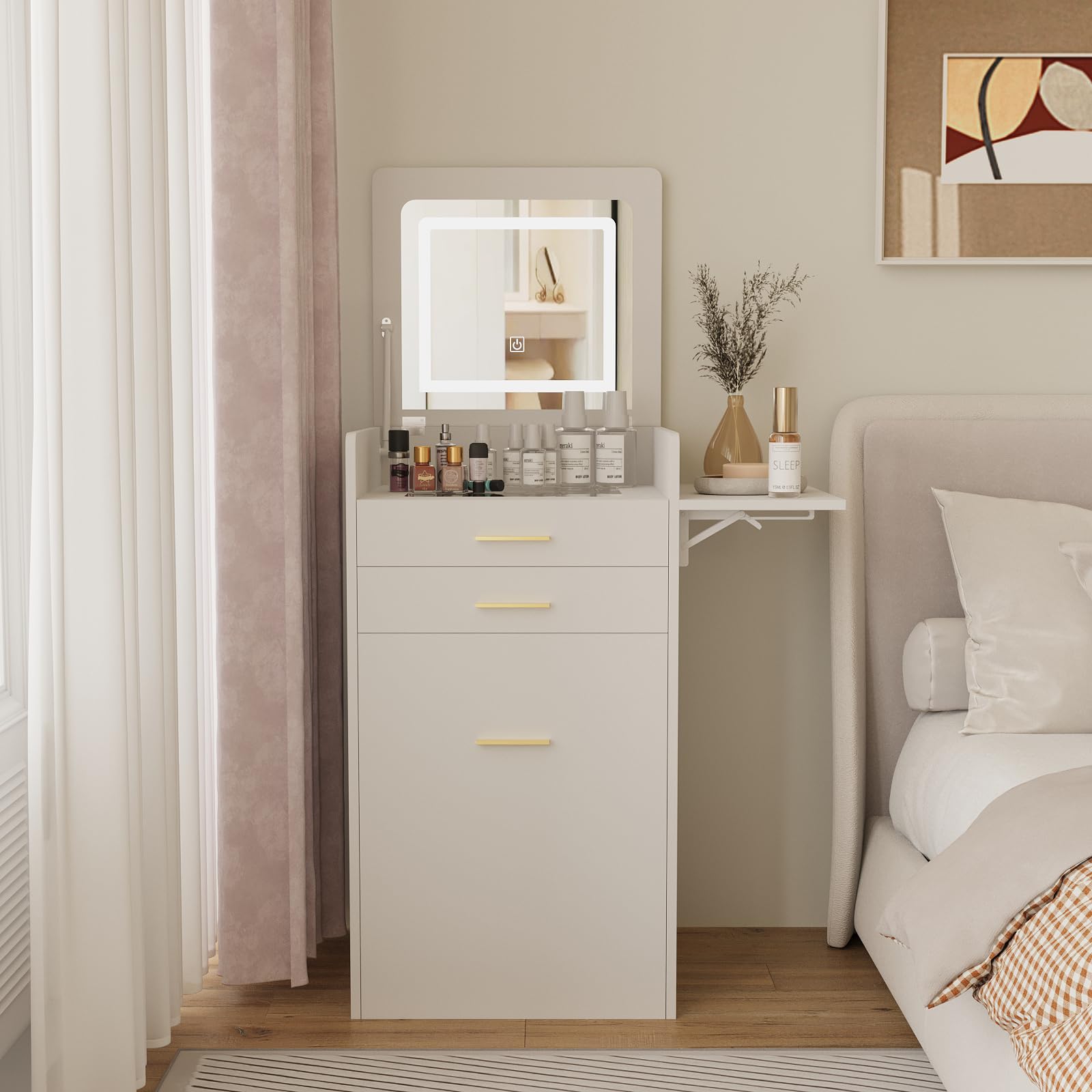 ARTETHYS Small Vanity Desk Set with Flip-top Mirror and Lights White Integrated Makeup Table for Small Space Compact Mini Dressing Table with Fold-up Panel and Storage Chair for Bedroom