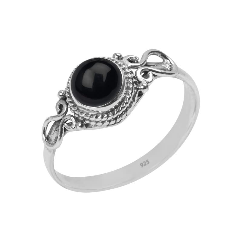 Black Onyx Stone Ring, Handmade 925 Sterling Silver Rings for Women Girls, Natural Gemstone Ring US size 10 Solitaire Ring, Round Stone Ring, Minimalist Birthstone Gift Jewelry for her