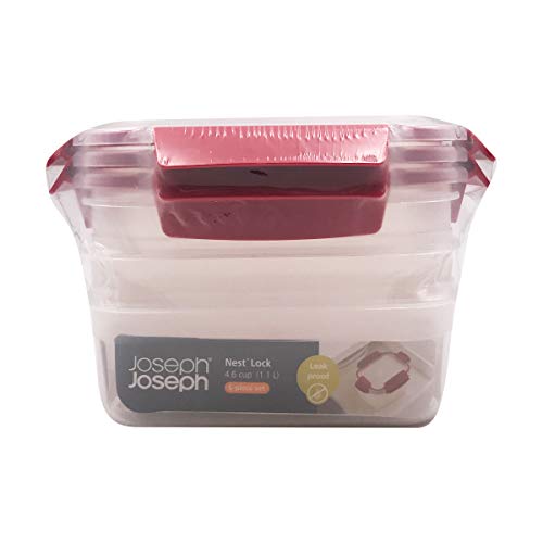 Joseph Joseph Nest Lock Plastic BPA Free Food Storage Container Set with Lockable Airtight Leakproof Lids, 6-Piece Set/37oz, Red