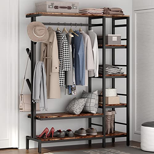 Tribesigns Free-standing Closet Organizer with Hooks, Heavy Duty Clothes Shelf Garment Rack with Shelves and Hanging Rod, Metal Clothing Storage for Bedroom, Capacity 450lb