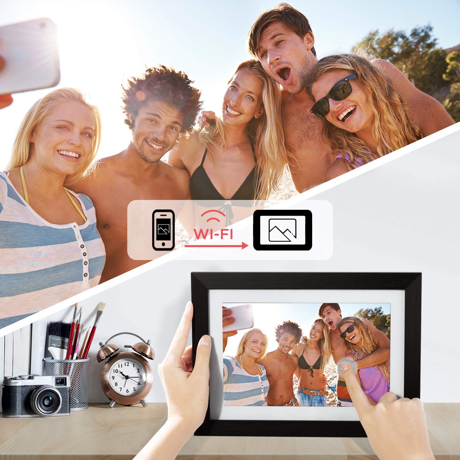 AEEZO Frameo 9 Inch WiFi Digital Picture Frame, IPS Touch Screen Smart Digital Photo Frame with 16GB Storage, Easy Setup to Share Moments Instantly via Frameo APP, Auto-Rotate, Wall Mountable (White)