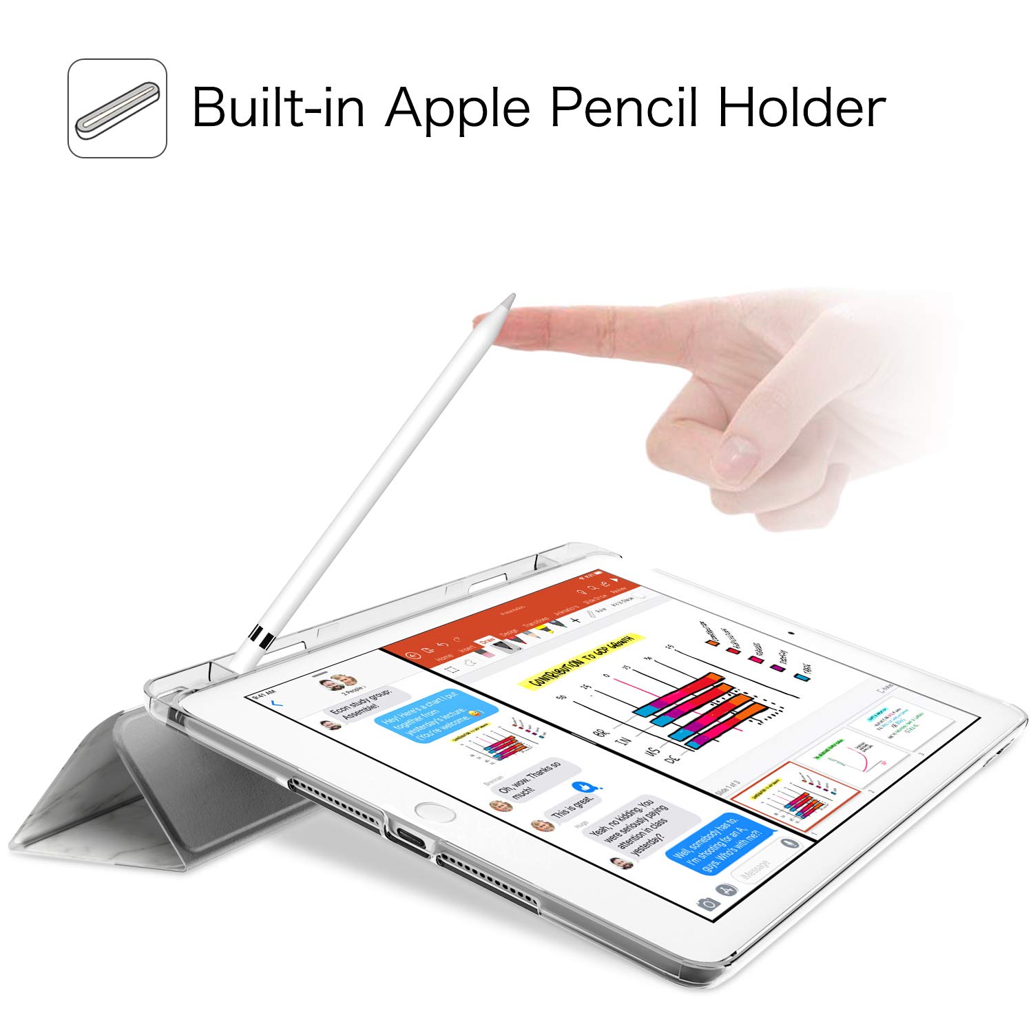 Fintie Case with Built-in Pencil Holder for iPad 6th / 5th Generation - Lightweight SlimShell Cover with Translucent Frosted Back, Supports Auto Wake/Sleep for iPad 9.7 Inch 2018/2017, Marble White