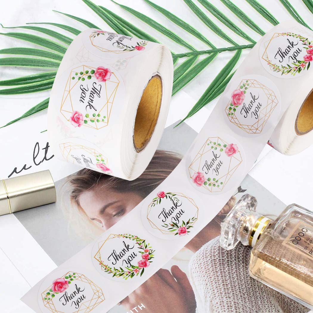 500 Thank You Label Stickers 1.5" Round 4 Rose Floral Design Packaging for Birthdays/Wedding//Party Gifts/Envelopes/Boutiques