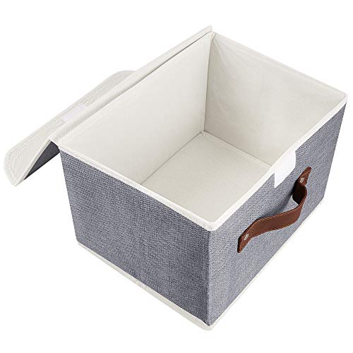 Lucky Monet 2 Pack Linen Fabric Foldable Storage Bin Set Collapsible Storage Box Cube Closet Organizer with Lid & Faux Leather Handle, 10βx8βx7β (Grey)