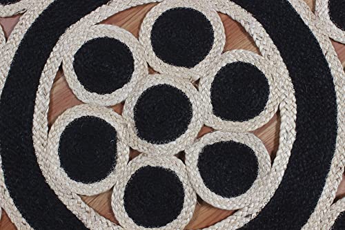 CASAVANI Cape Code Circle Area Rug - 6 x 6 Feet Beige Black Pattern Natural Jute Mat Ideal for High Traffic Area in Bedroom Bedside Round Dining Side Round Living Room Hallway and Kitchen Mat