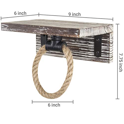 MyGift Industrial Pipe and Rustic Rope Bathroom Towel Ring Holder/Decorative Hand Towel Wall Mounted Rack with Torched Wood Shelf