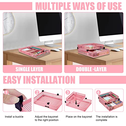 Banshou Desk Drawer Organiaer Tray,Metal Mesh Dividers Desk Organizer,Tray for Home Office,6Compartments(Pink)