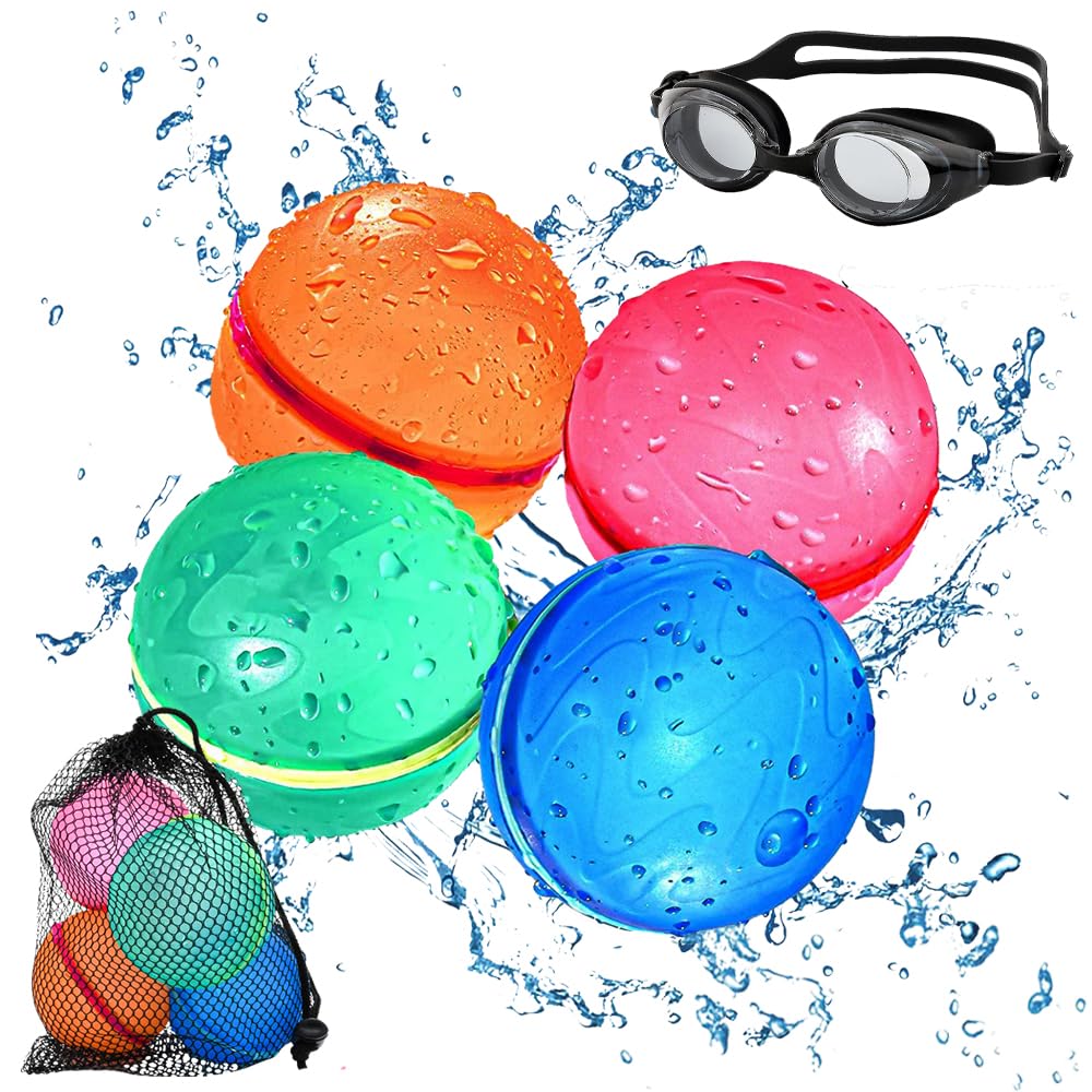 4 Pack Reusable Water Balloons for Kids, Adults with Goggles, Mesh Bag | Magnetic Refillable Water Balloons | Self-Sealing Water Bombs Summer Fun Toys, Silicone Water Balloon Quick Fill Summer Games