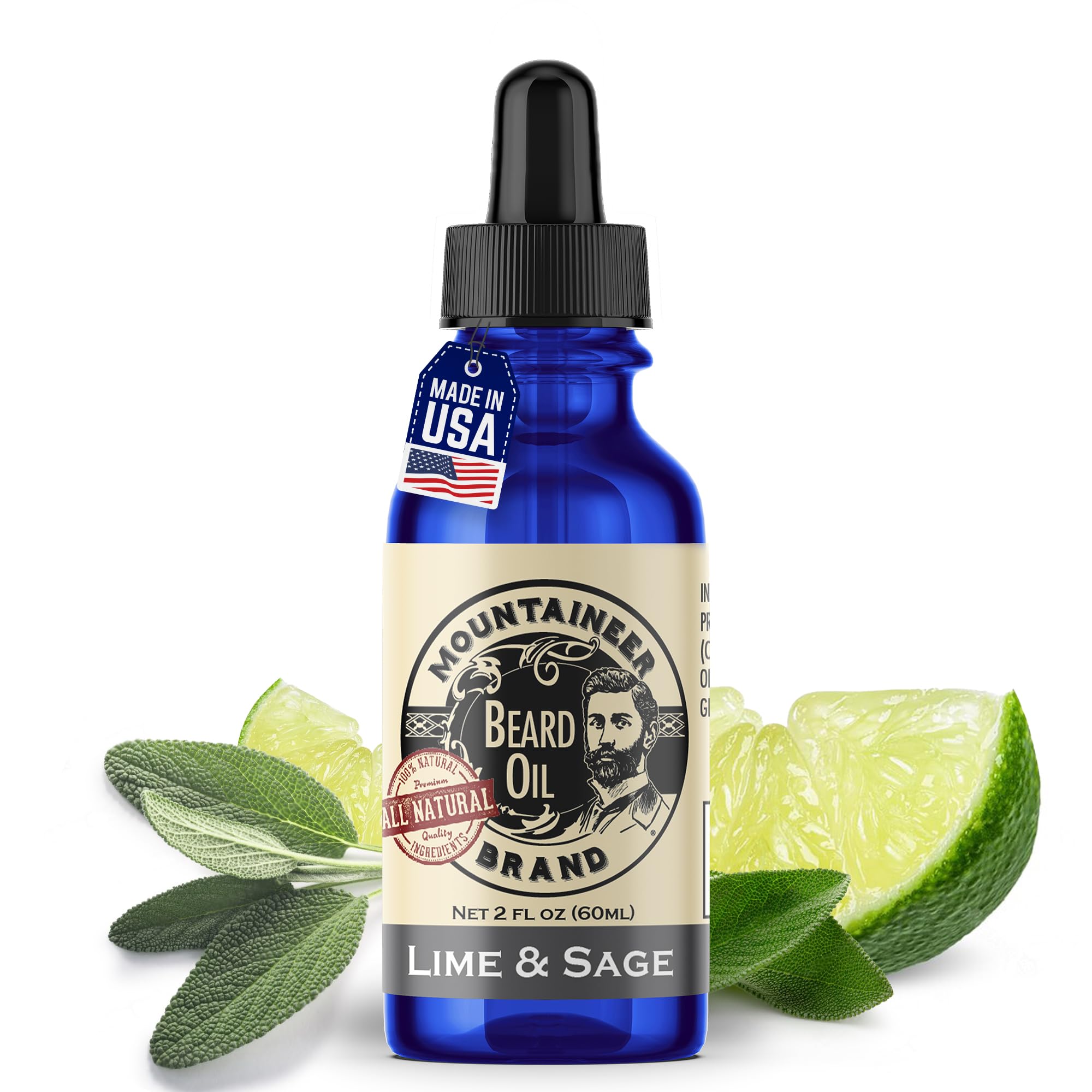 Mountaineer Brand Beard Oil - WV Lime & Sage Scent - 100% Natural Conditioner and Softener For Men - Hydrates and Moisturizes for Beard Growth - Treats Dry Itchy Beards - 2oz