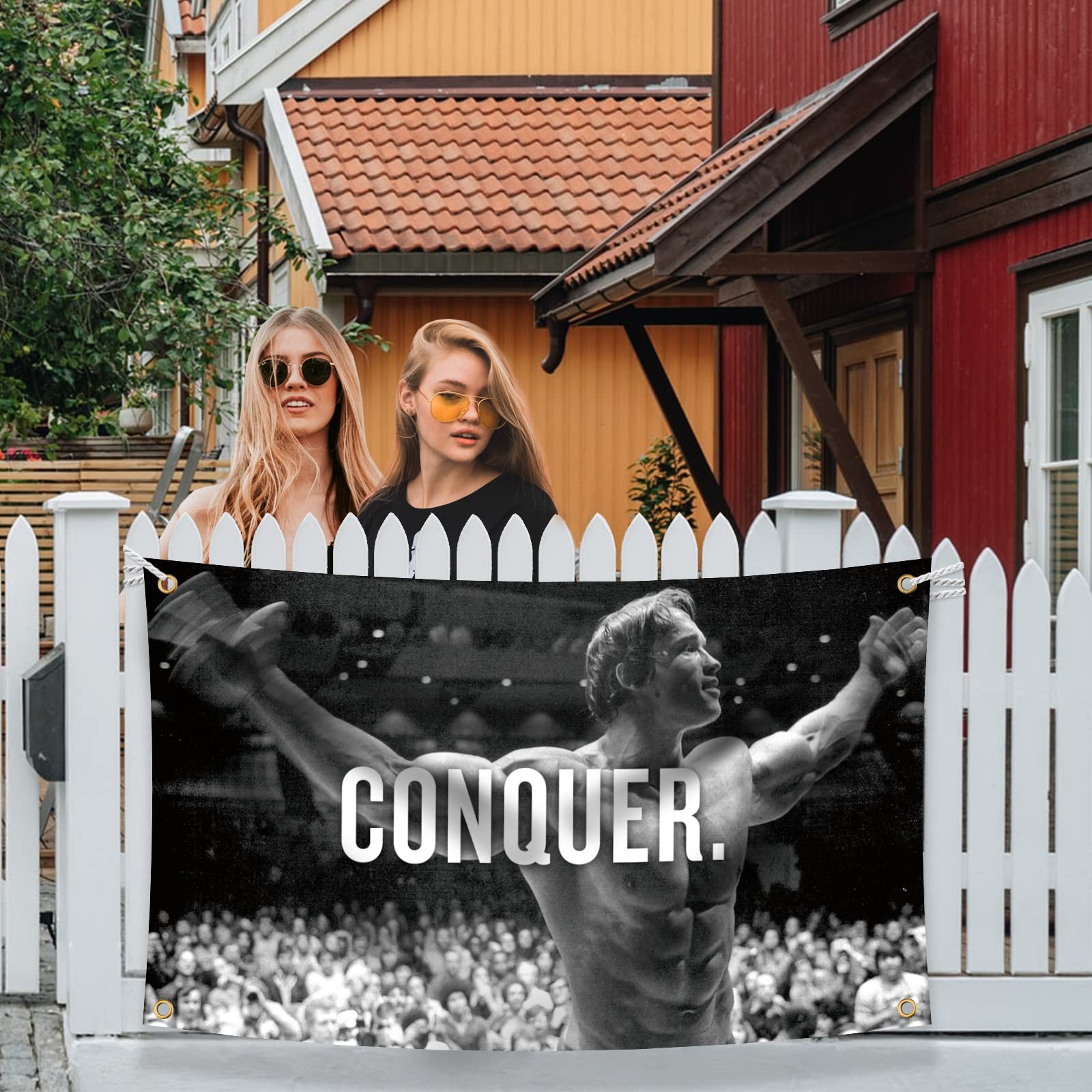 Arnold Schwarzenegger Conquer Motivational Inspirational Office Gym Wall Decor Flag Banner,3x5 Feet Flag Funny Poster Durable Man Cave Wall Flag with Brass Grommets This beautiful entertaining banner