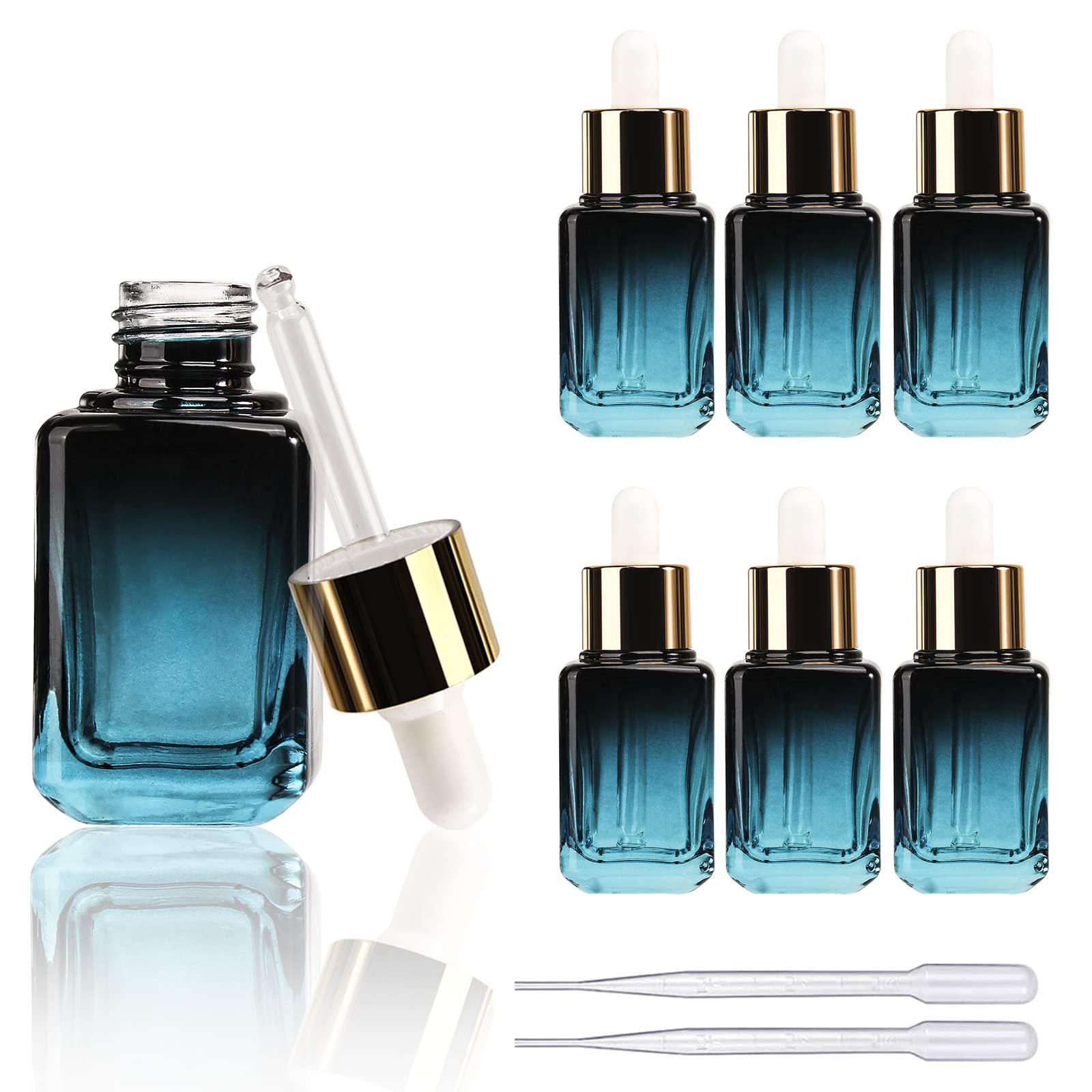 COSIDEA 6pcs Empty gradient Blue Square 30ml / 1oz Glass dropper bottle for Serum essence oil bottles container packing