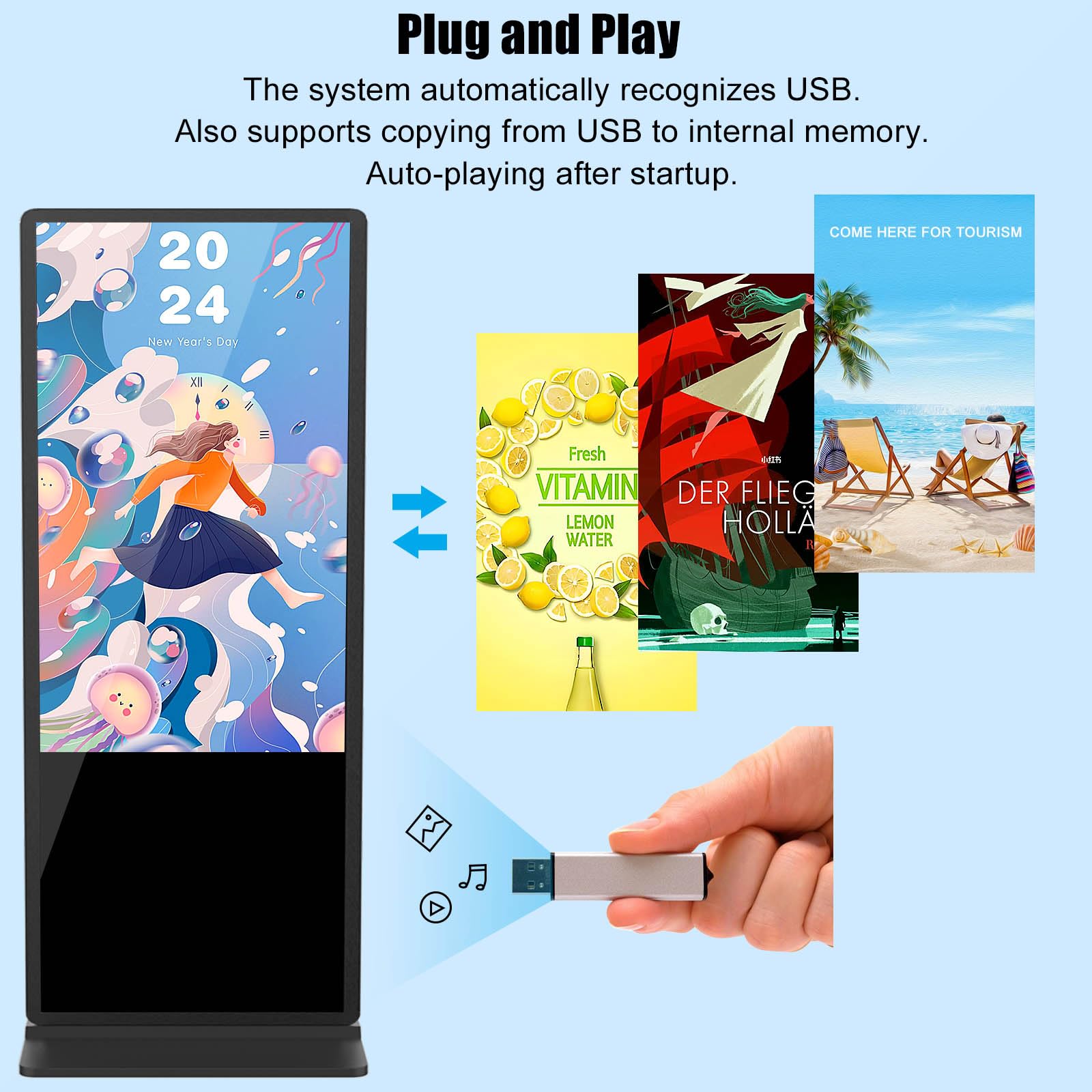 65 Inch Digital Signage Kiosk Non-touchscreen,8GB+128GB Android 11, Floor Standing Lcd Digital Signage, Commercial Interactive Advertising Display Screen, Digital Signage with Auto Media Player Black