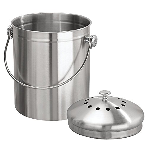 iDesign Basic Compost Bin with Charcoal Philtres, Stainless Steel Kitchen Food Waste Caddy, Silver